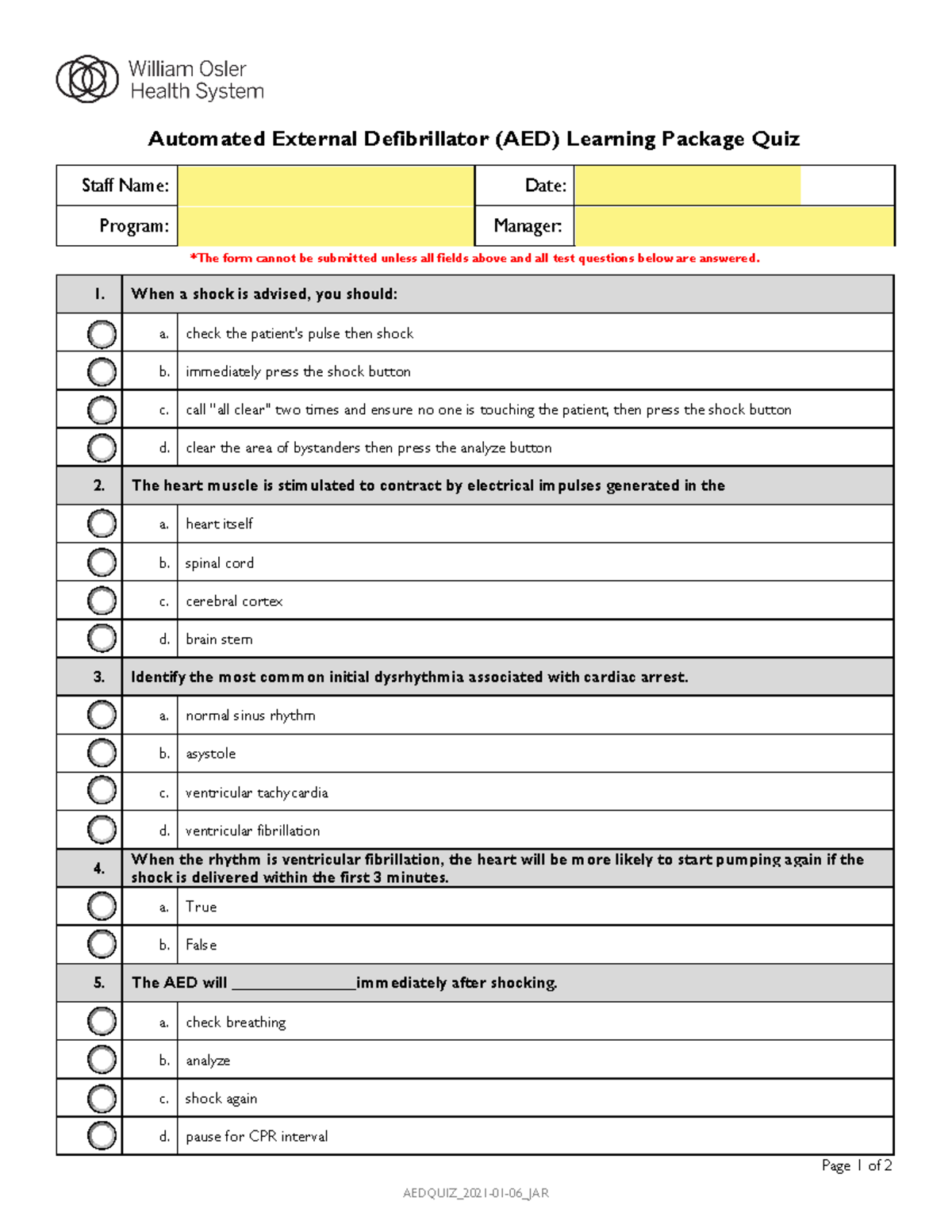 AED Quiz Form Final 2021-01-22 - Automated External Defibrillator (AED ...