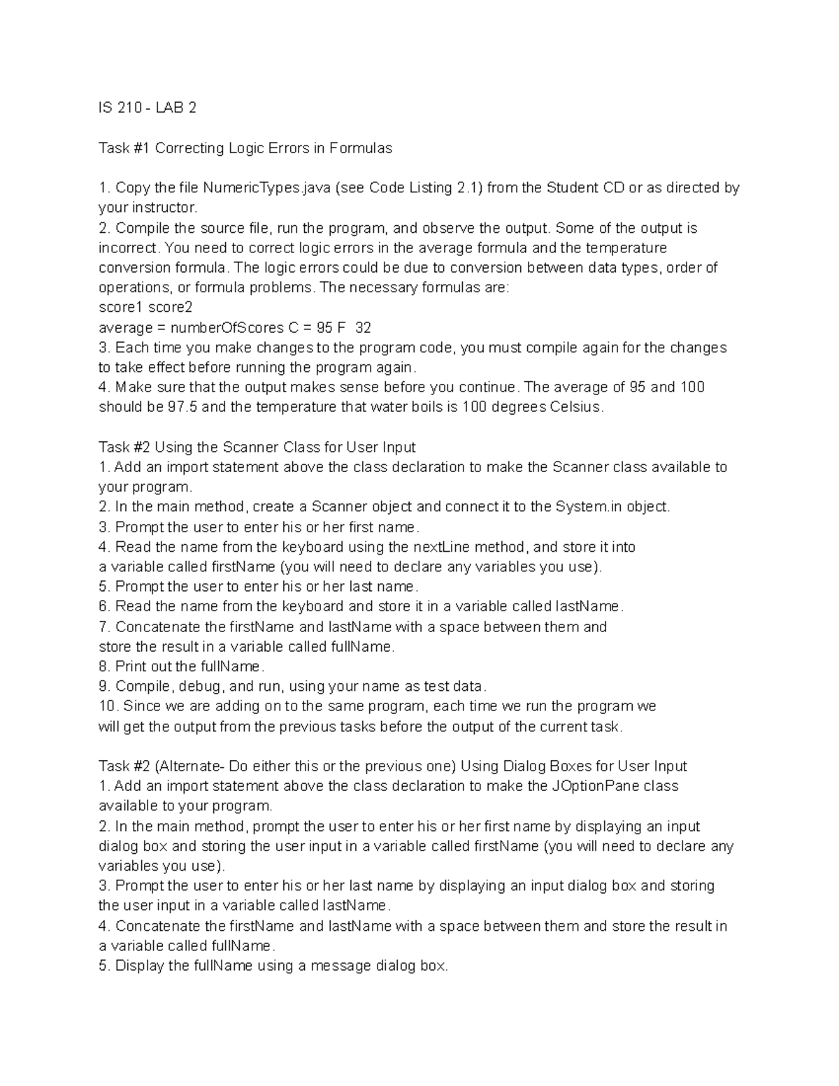 Lab 2 Solution - IS 210 - LAB 2 Task #1 Correcting Logic Errors in Formulas Copy the file - Studocu