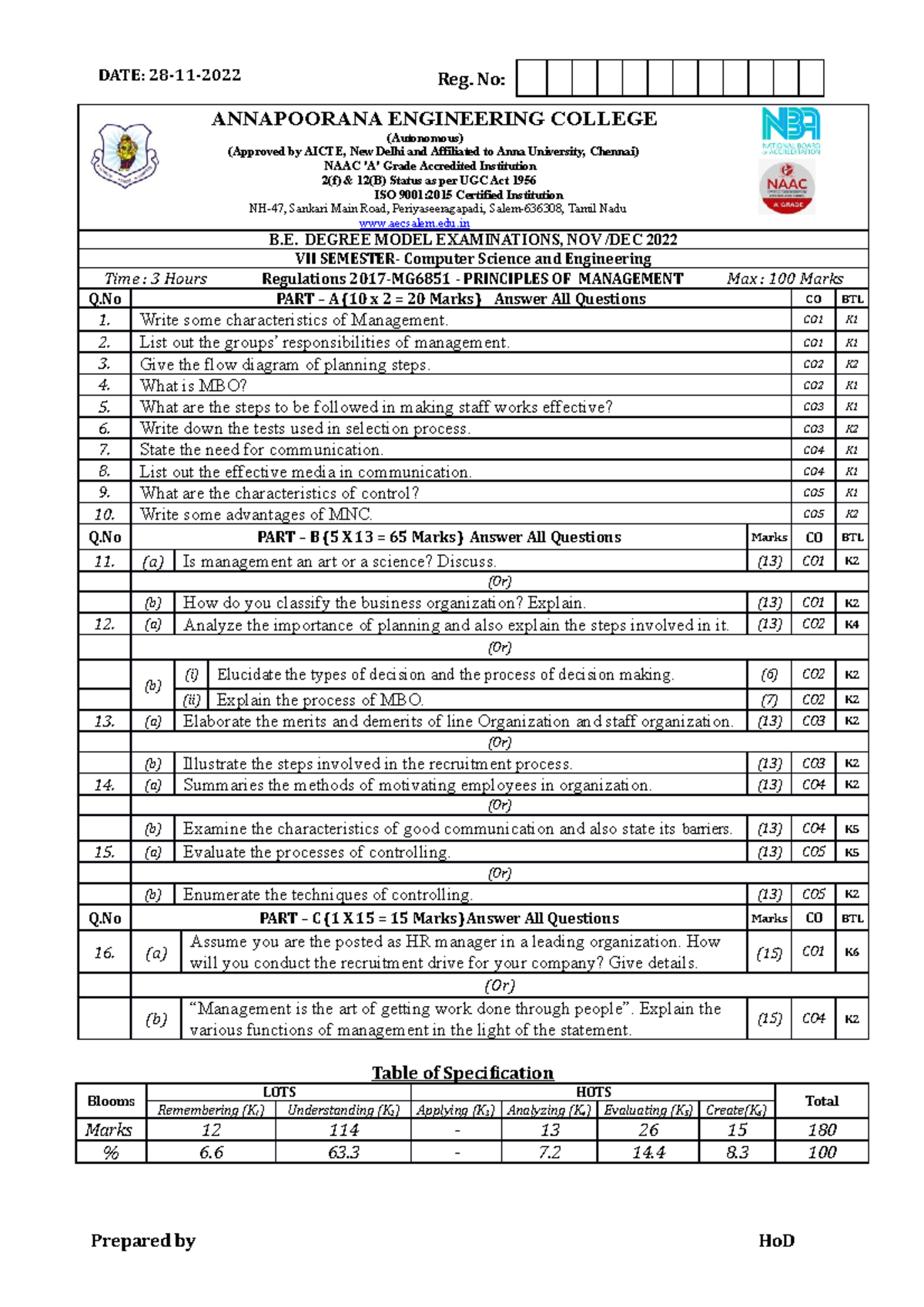 Model QP MG6851 - Principles OF Management - DATE: 28-11- ANNAPOORANA ...
