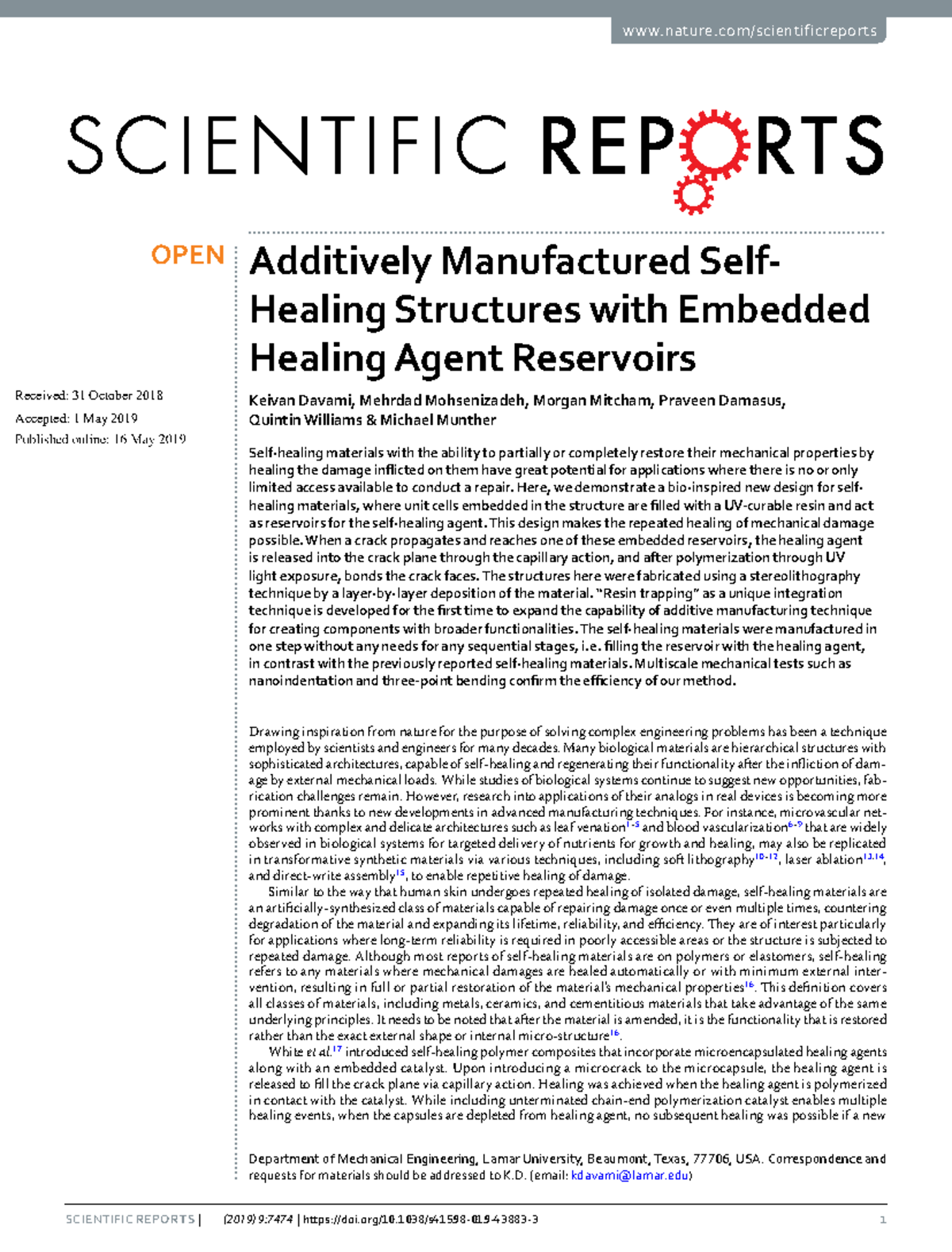 Self heal makale - nature/scientificreports Additively Manufactured ...