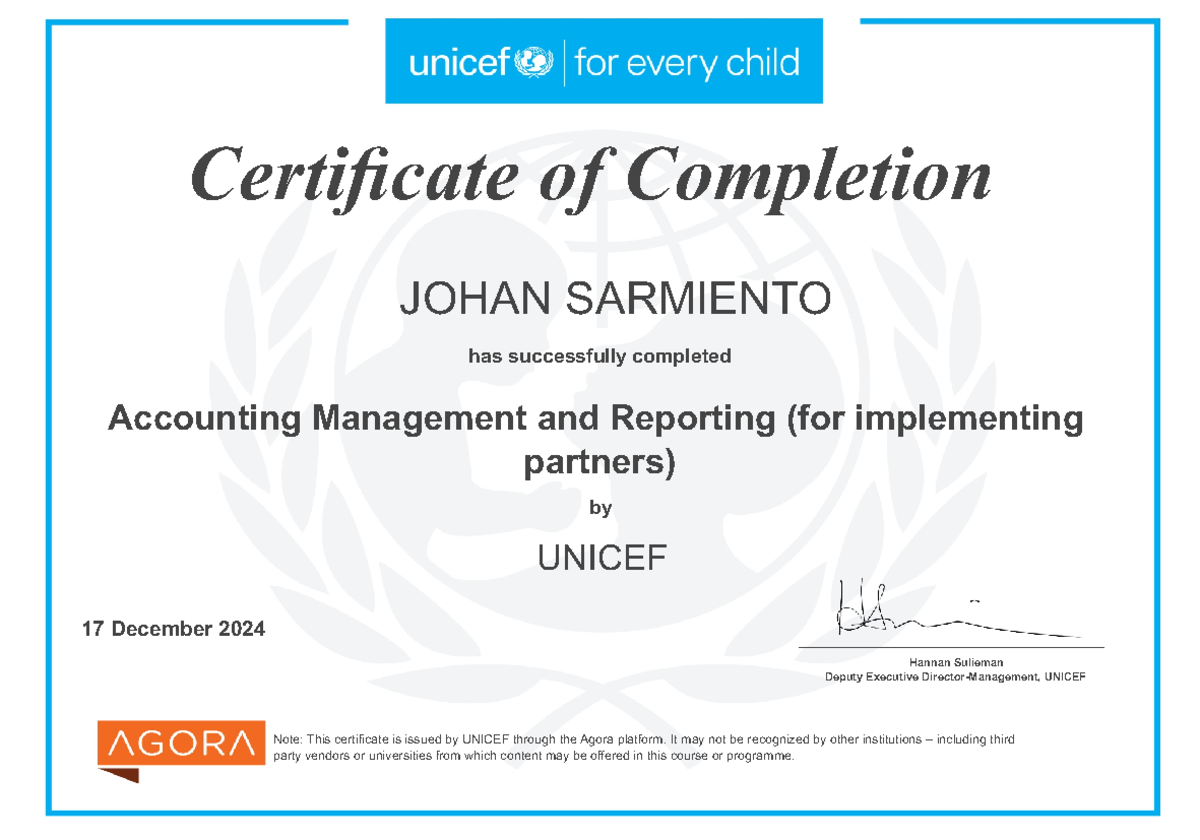 Unicef 2 - Certificate of Completion JOHAN SARMIENTO has successfully ...