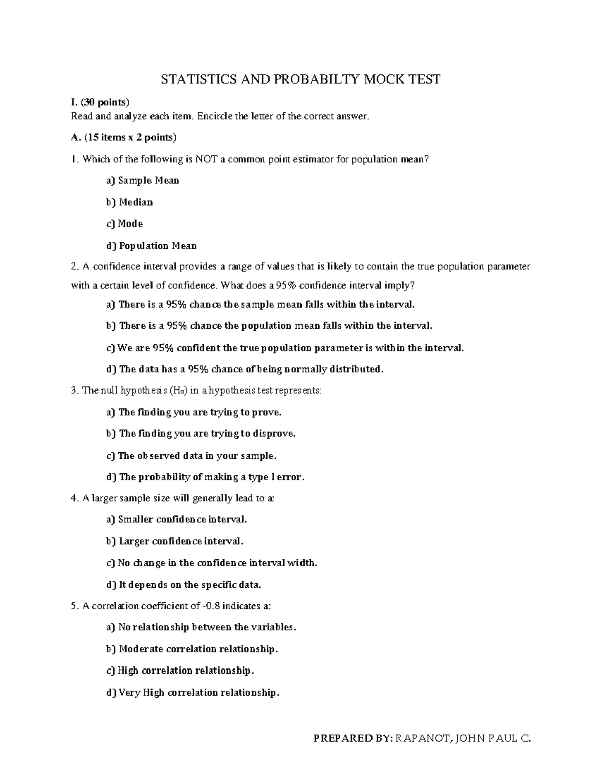 Statistics AND Probability MOCK TEST Answer KEYS 1 - STATISTICS AND ...