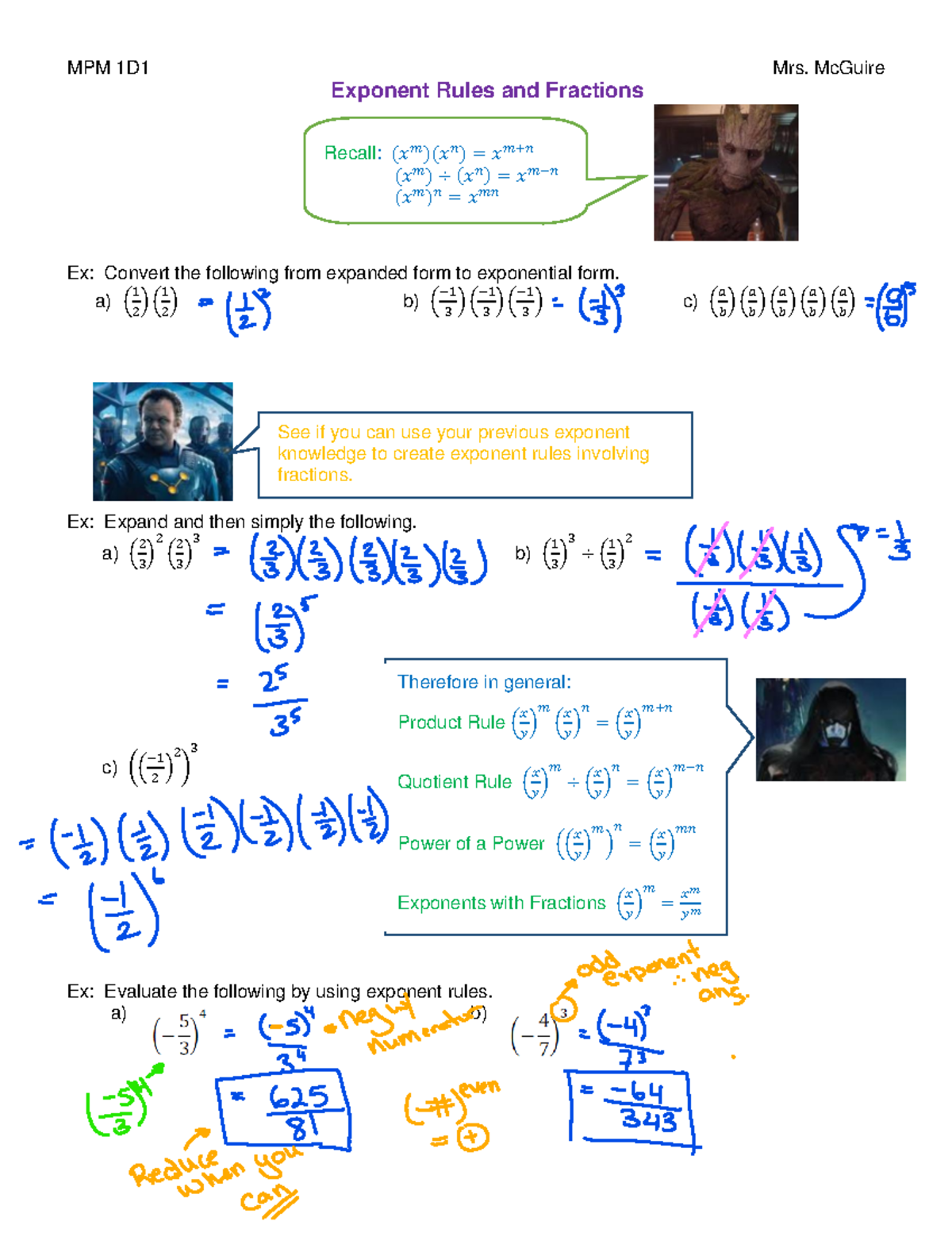 Exponent Rules and Fractions - Solutions - MPM 1D1 Mrs. McGuire ...