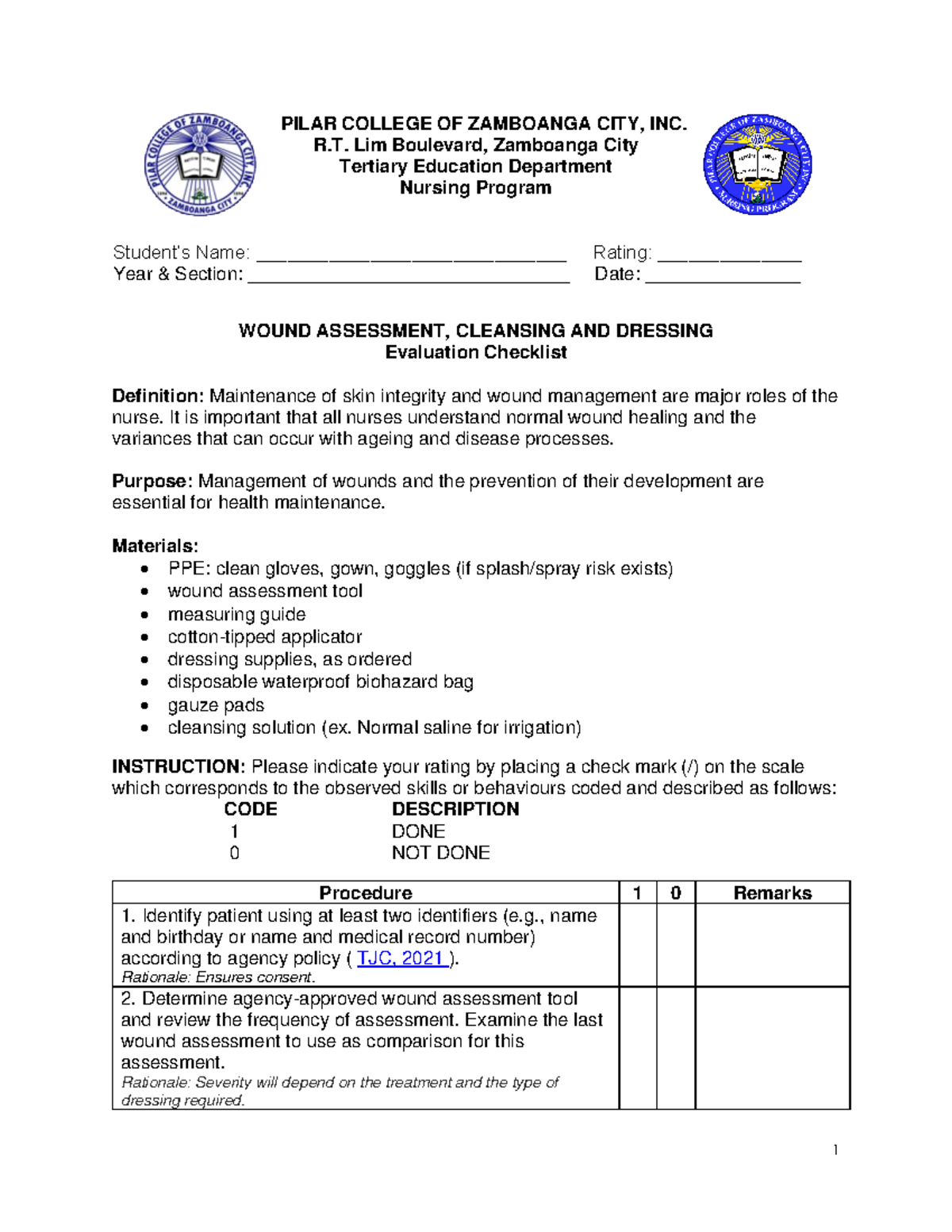 Wound Assessment, Cleansing and Dressing - PILAR COLLEGE OF ZAMBOANGA ...