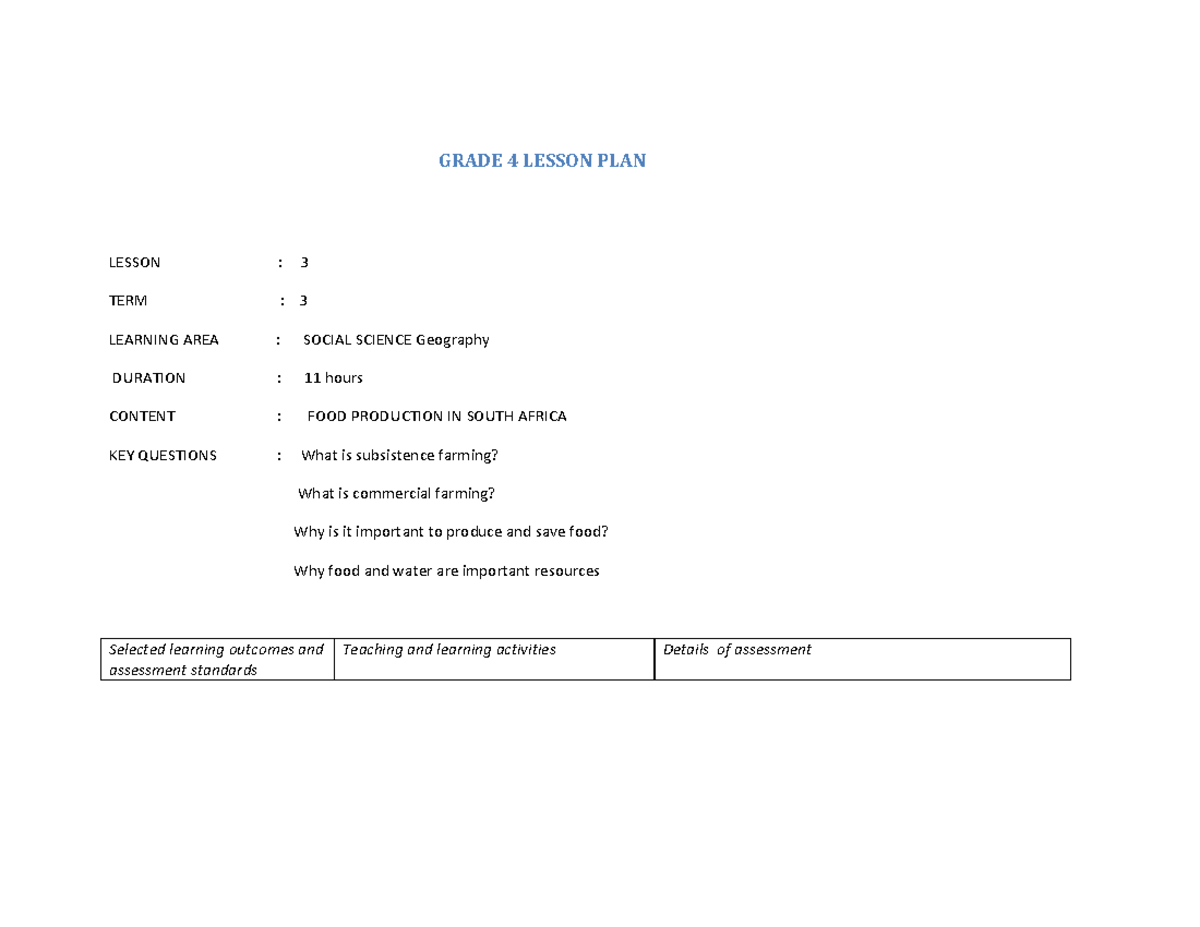 8- Grade 4 Lesson PLAN term 3 - GRADE 4 LESSON PLAN LESSON : 3 TERM : 3 ...