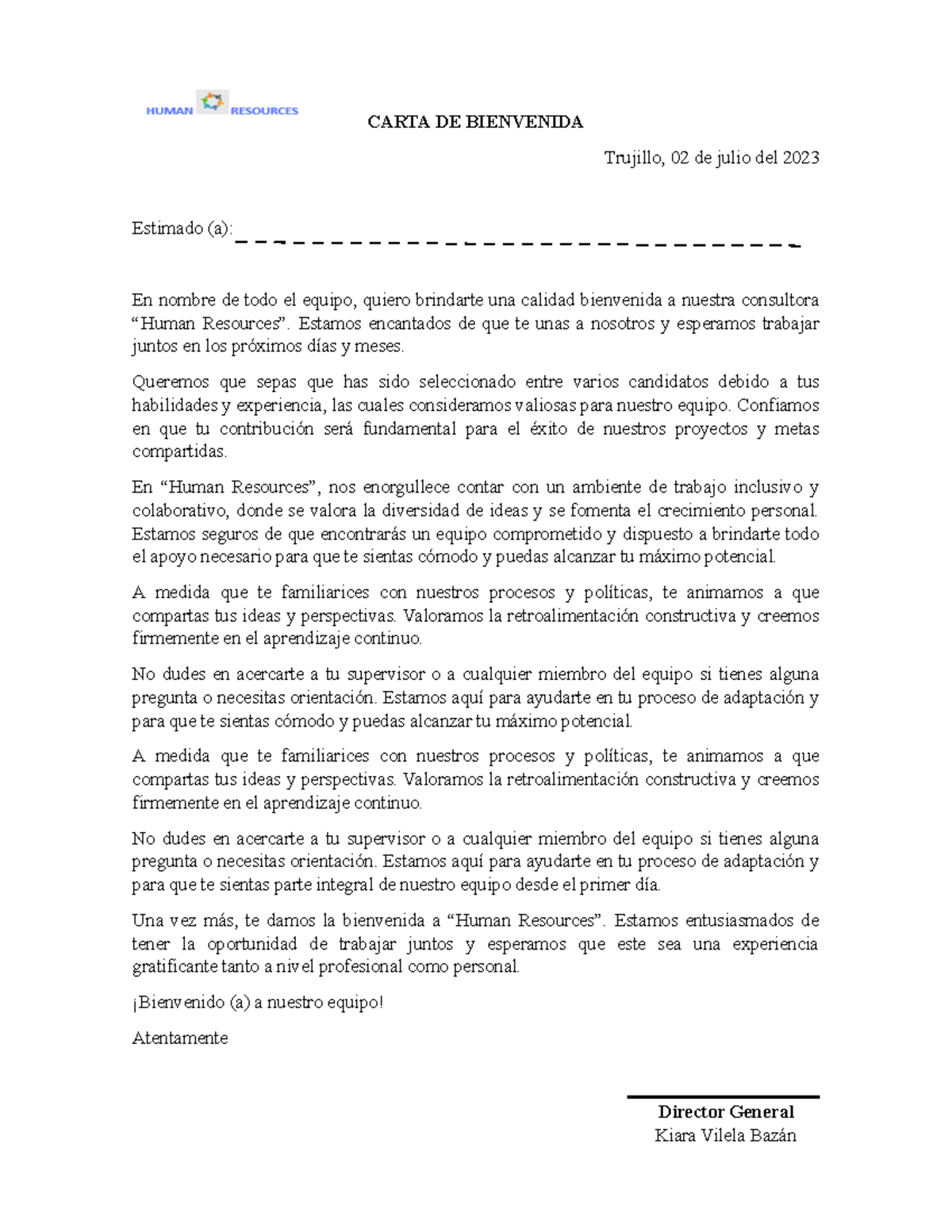 Carta DE Bienvenida - CARTA DE BIENVENIDA Trujillo, 02 de julio del ...