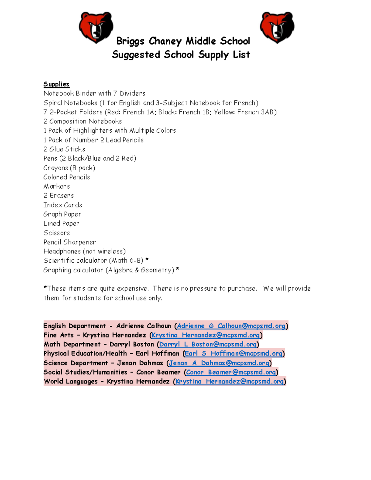 Suggested Supply List - List - Briggs Chaney Middle School Suggested ...