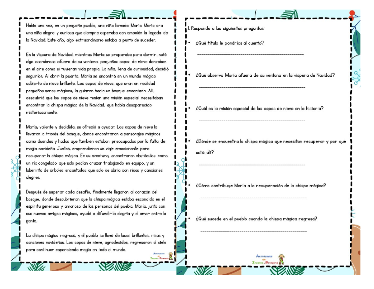 Cuentom de comprensión lectora navideño - español - Studocu
