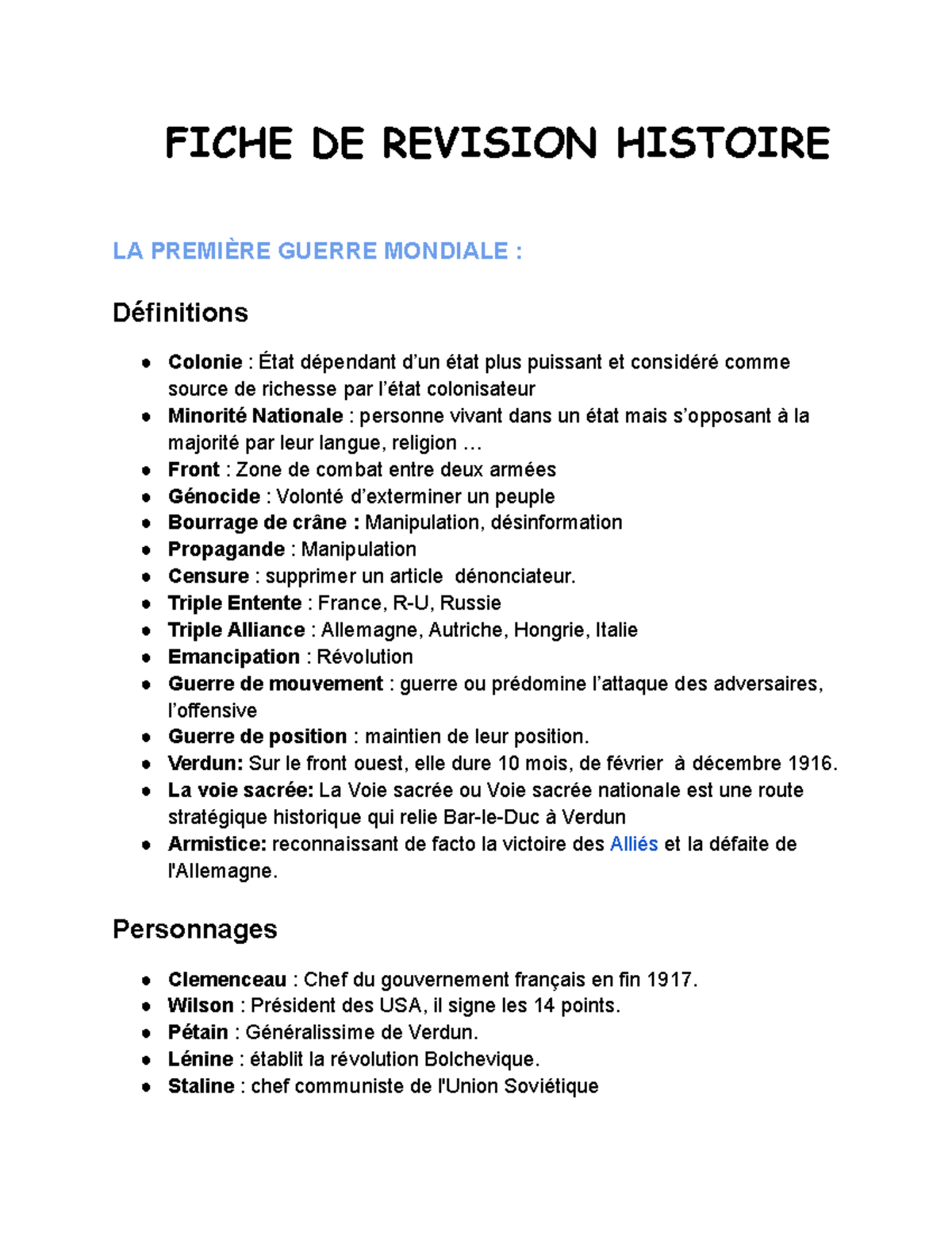 Fiche DE Revision Histoire PGM - FICHE DE REVISION HISTOIRE LA PREMIÈRE ...