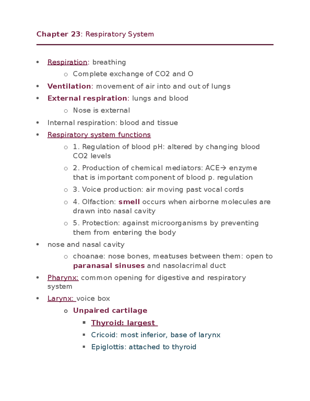 Exam 3 study guide - Summary Anatomy & Physiology I - Chapter 23 ...