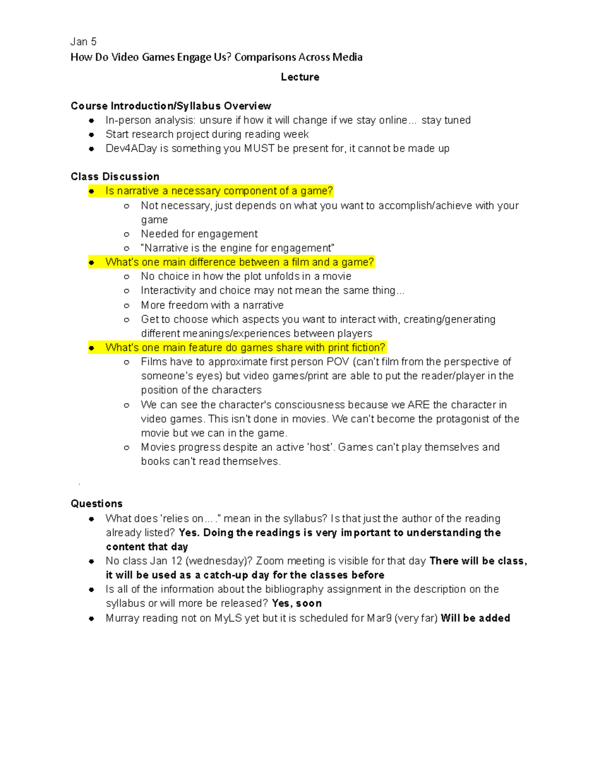 1AB - Week 1 lecture notes - Jan 5 How Do Video Games Engage Us ...