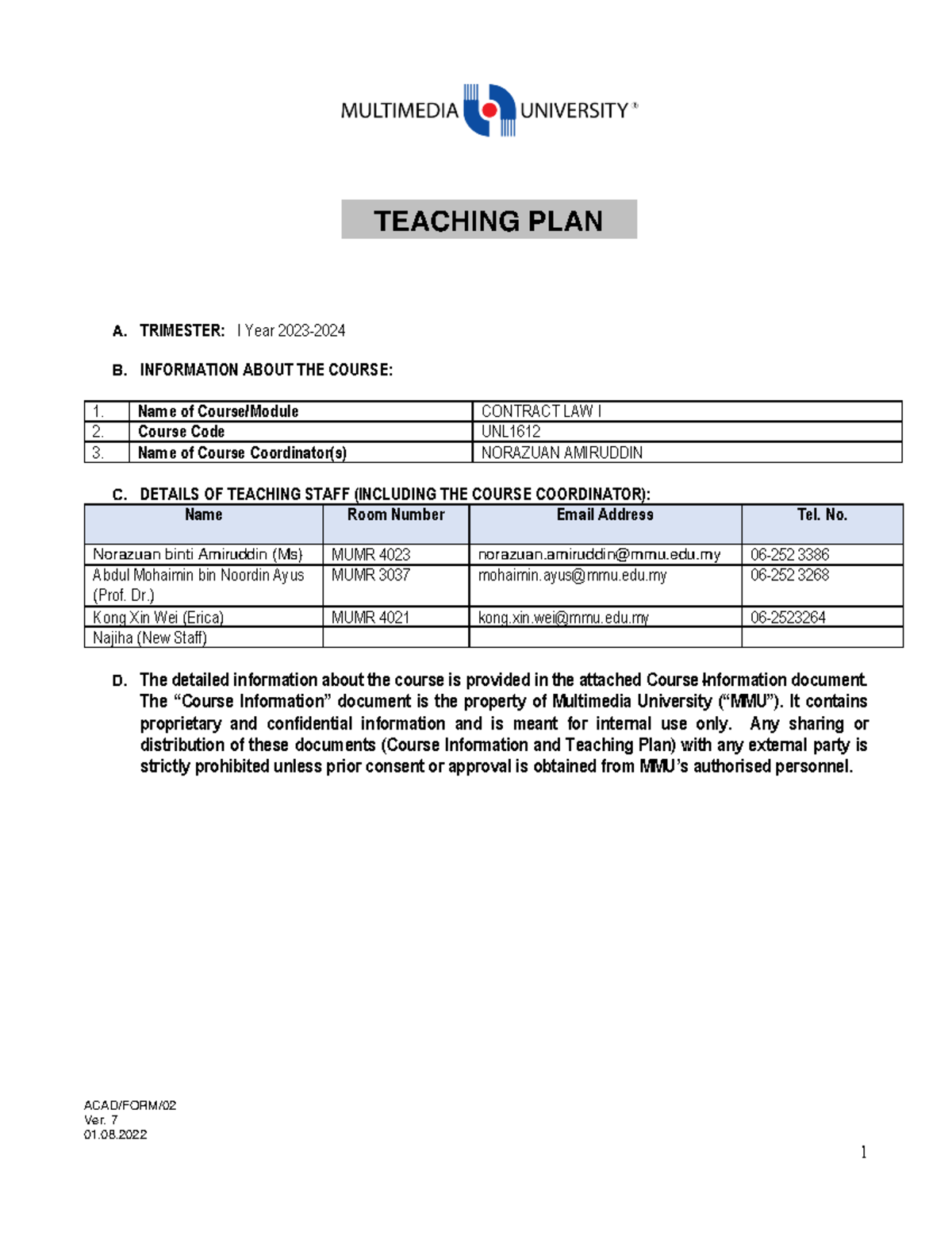 Student Version OF Teaching PLAN TRI 1 2023-2024 Contract LAW I - ACAD ...