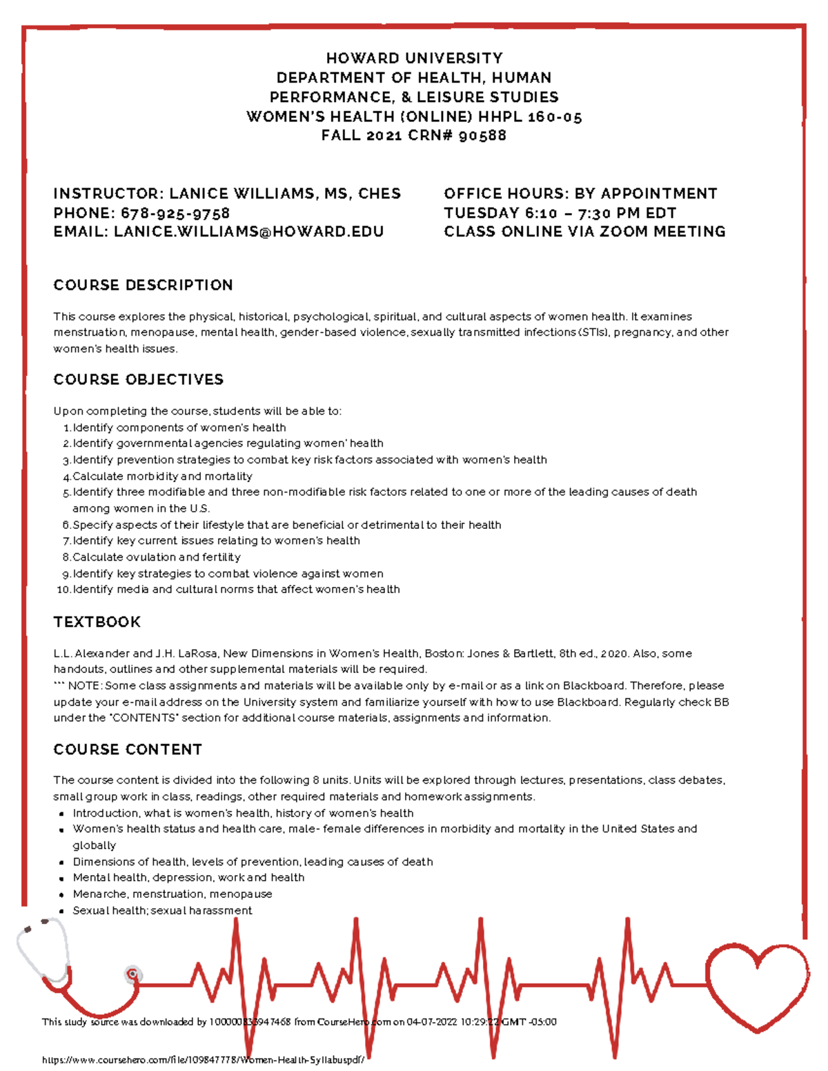 Women Health Syllabus - HHPL 160 - Howard - Studocu