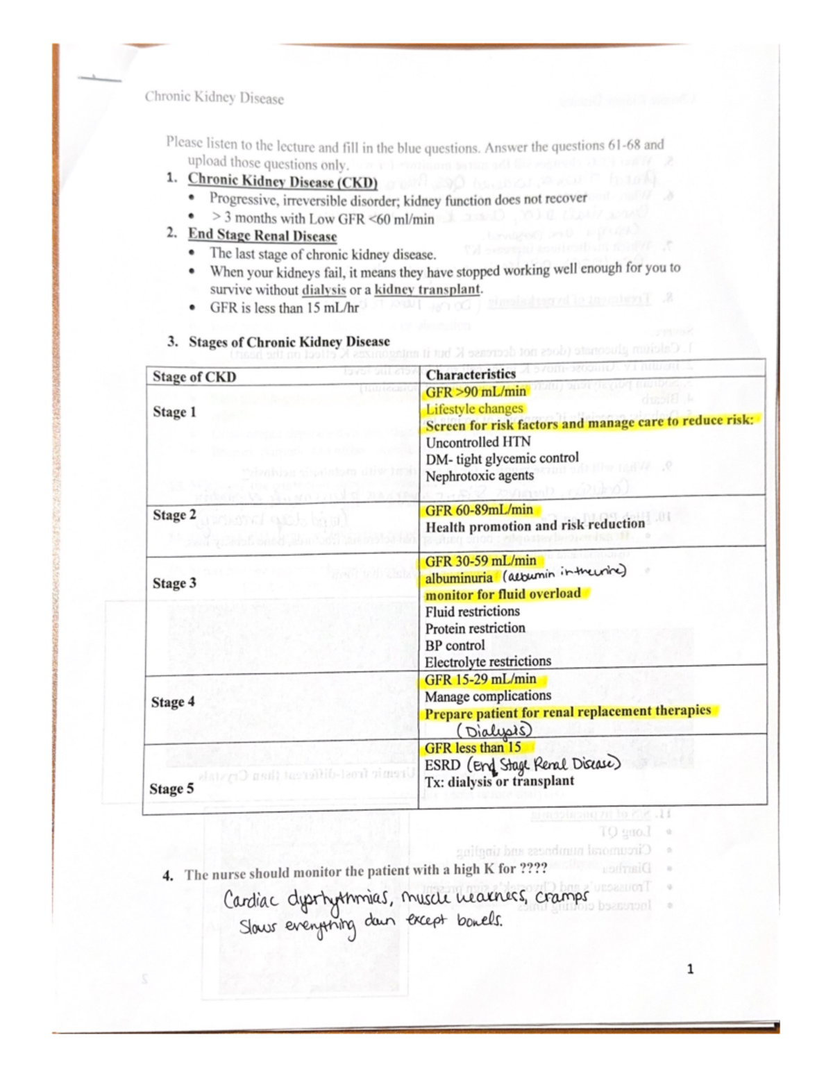 Chronic Kidney Disease worksheet - NURS223 - Studocu