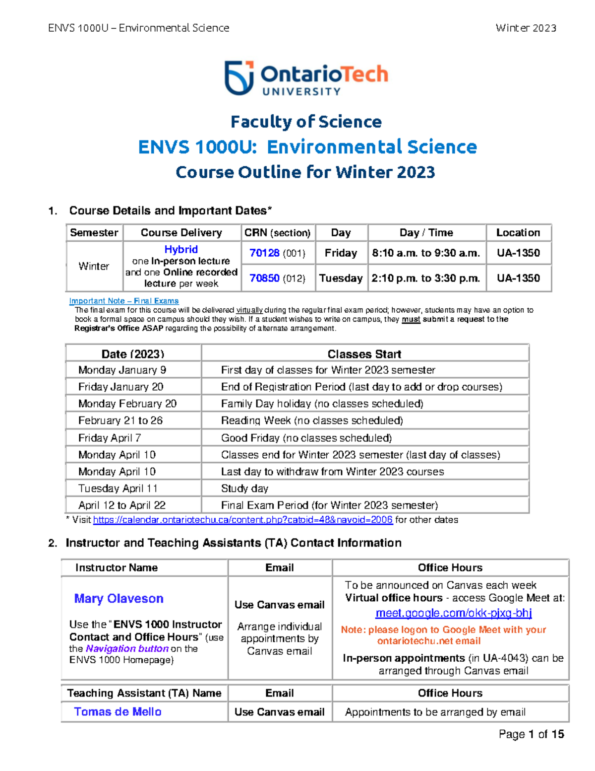 ENVS 1000-W2023-Syllabus-final - Faculty of Science ENVS 1000U ...