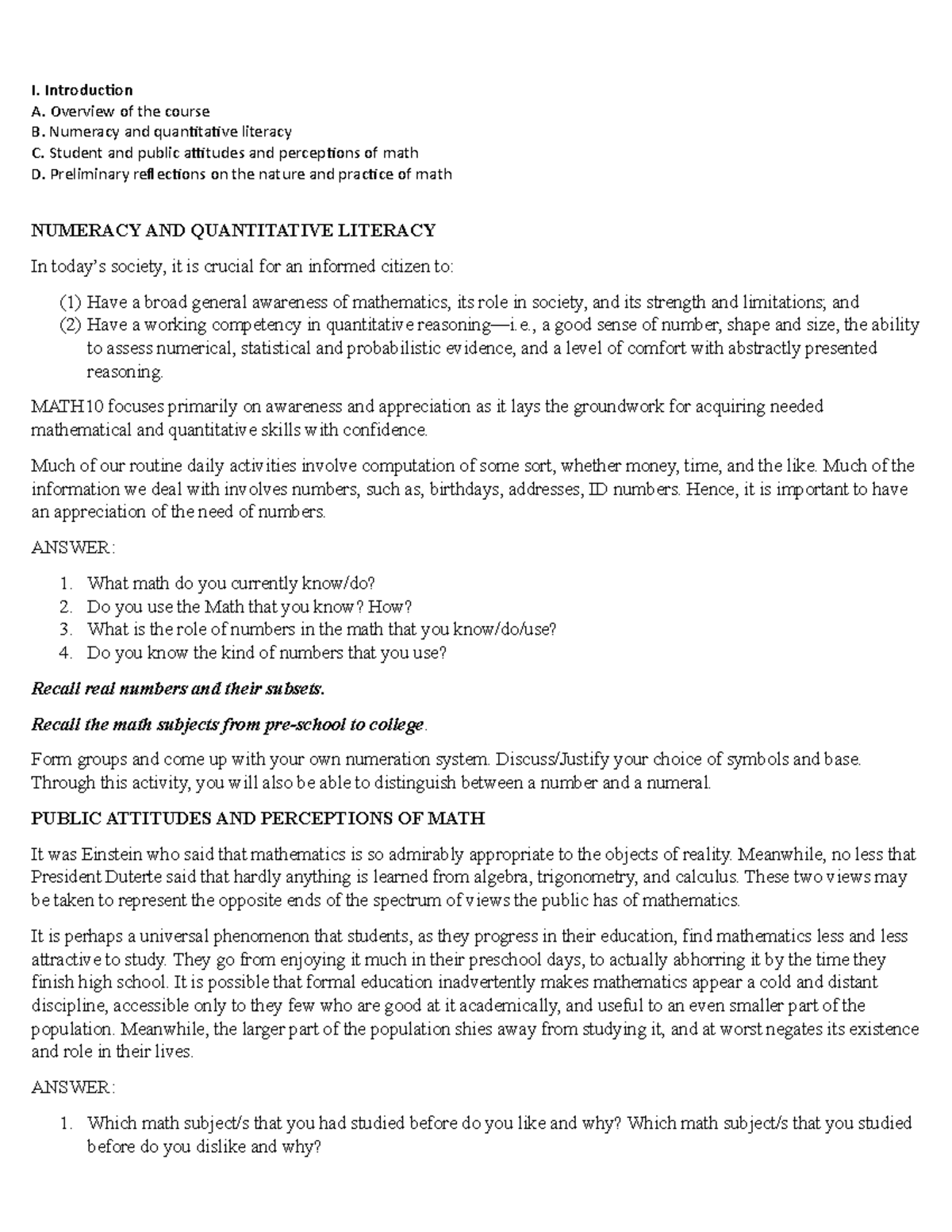 Module 1 - I. Introduction A. Overview of the course B. Numeracy and ...