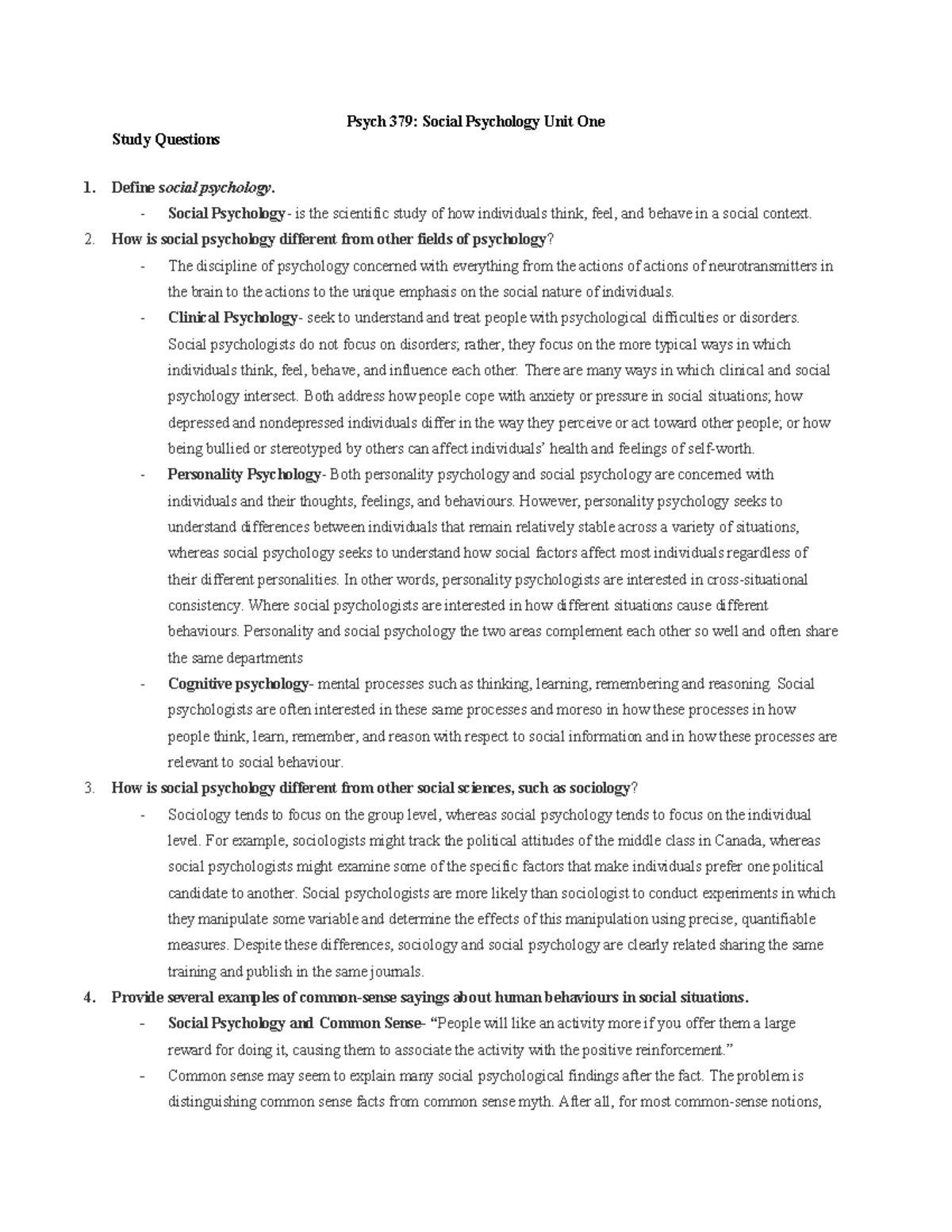 Psych 379 Unit One - Unit One Notes - Psych 379: Social Psychology Unit ...