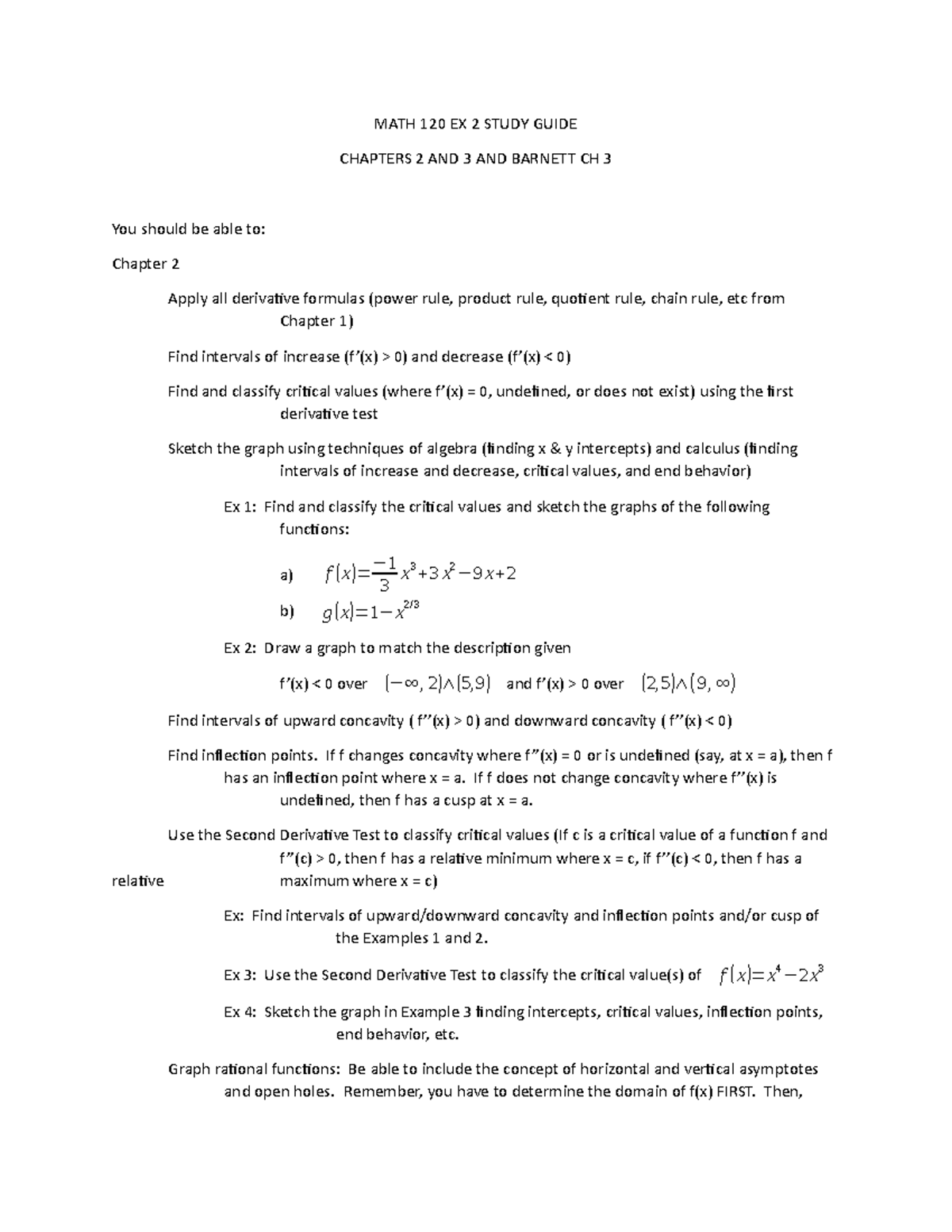 Math 120 Ex 2 Study Guide - MATH 120 EX 2 STUDY GUIDE CHAPTERS 2 AND 3 ...