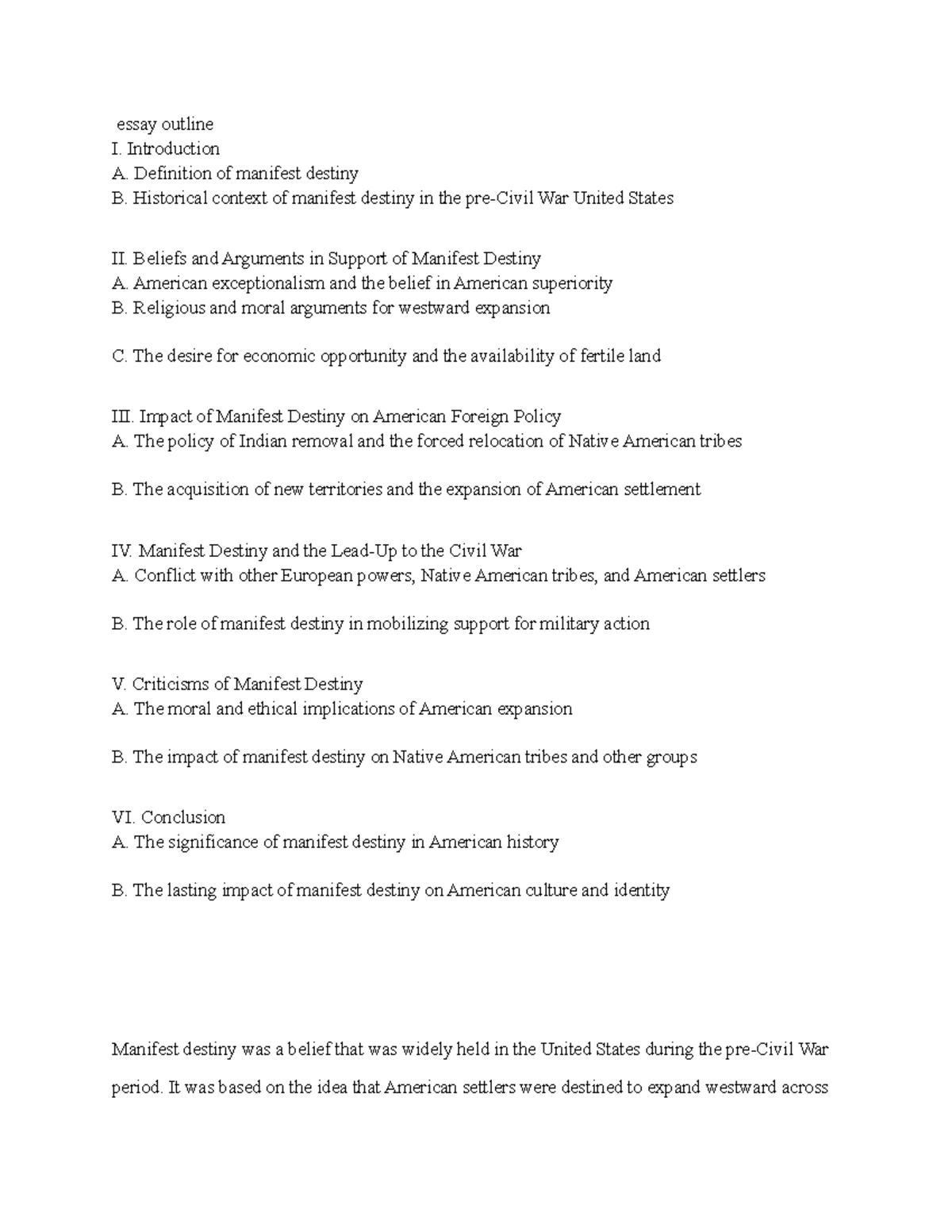 Manifest Destiny Essay - essay outline I. Introduction A. Definition of ...