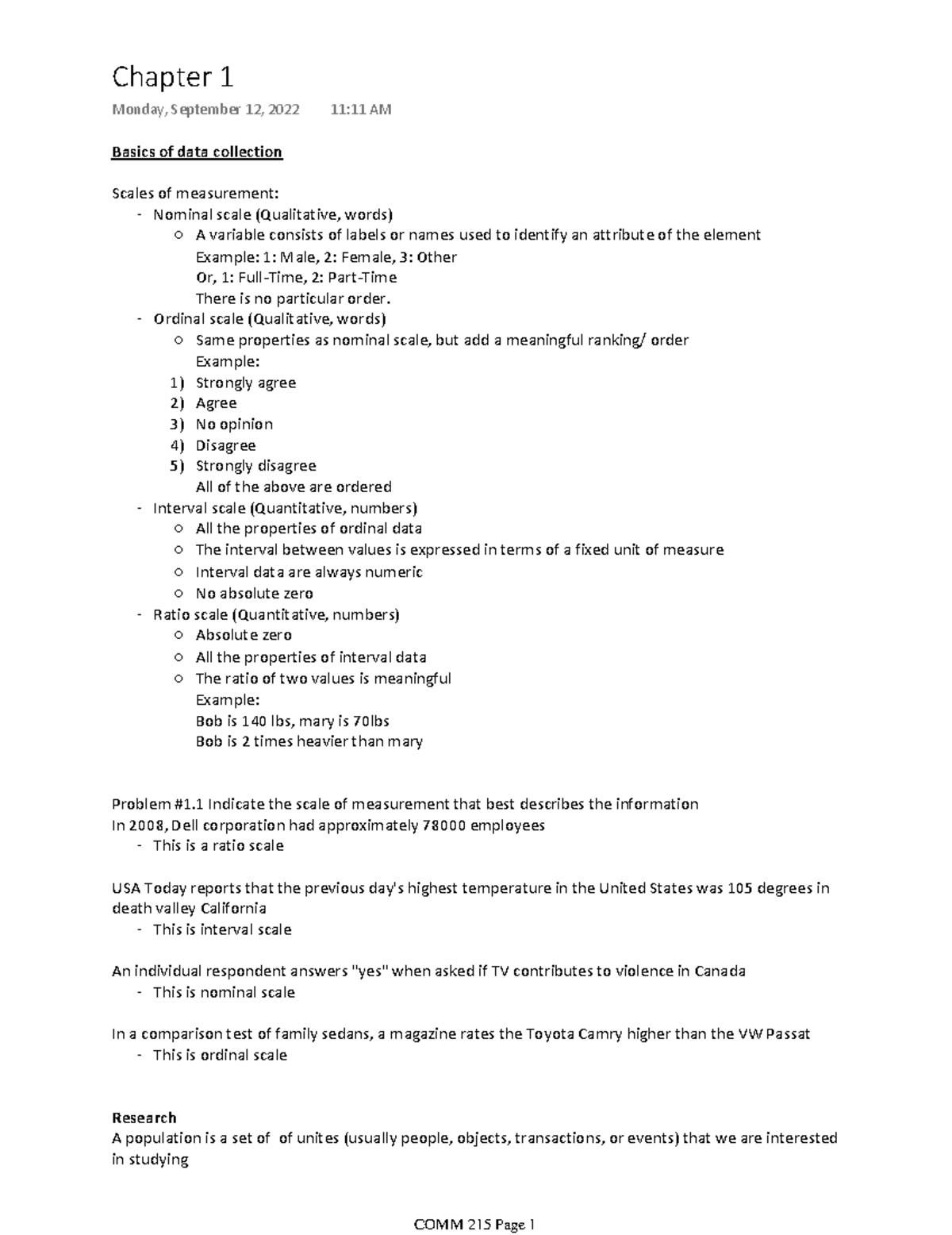 Chapter 1 215 - Basics of data collection Scales of measurement ...