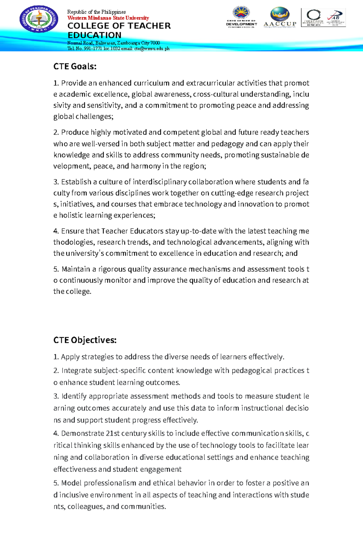 CTE Goals program outcomes objectives - Western Mindanao State ...