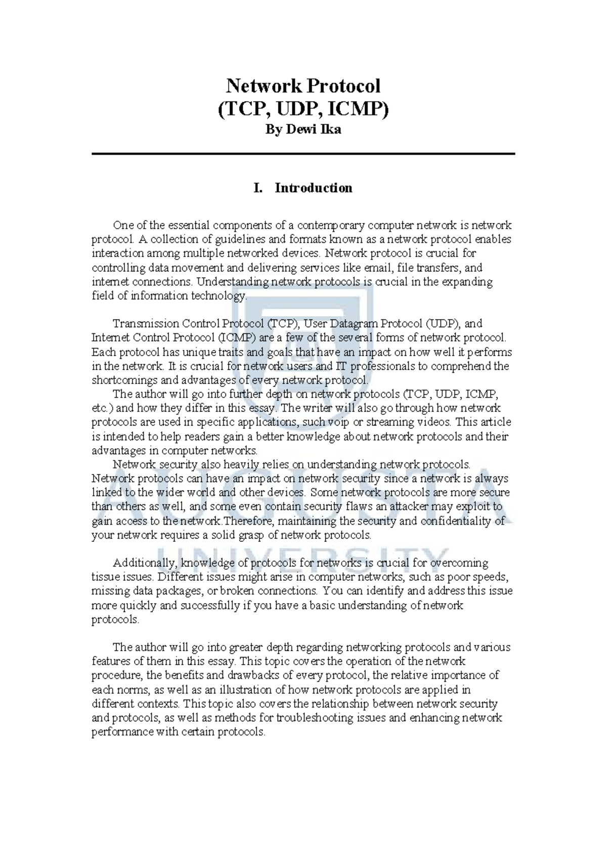 Chapter I-II Network Protocol - Network Protocol (TCP, UDP, ICMP) By Dewi Ika I. Introduction ...
