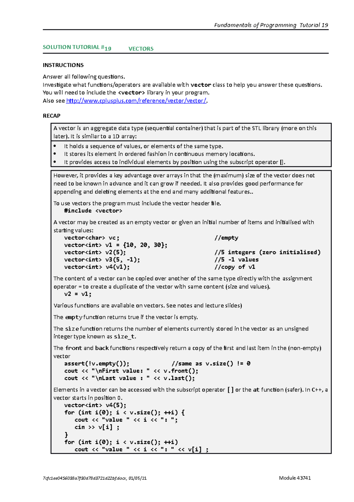 4374 T19 Vector(sol) - C++ Vectors exercises and solutions - SOLUTION ...
