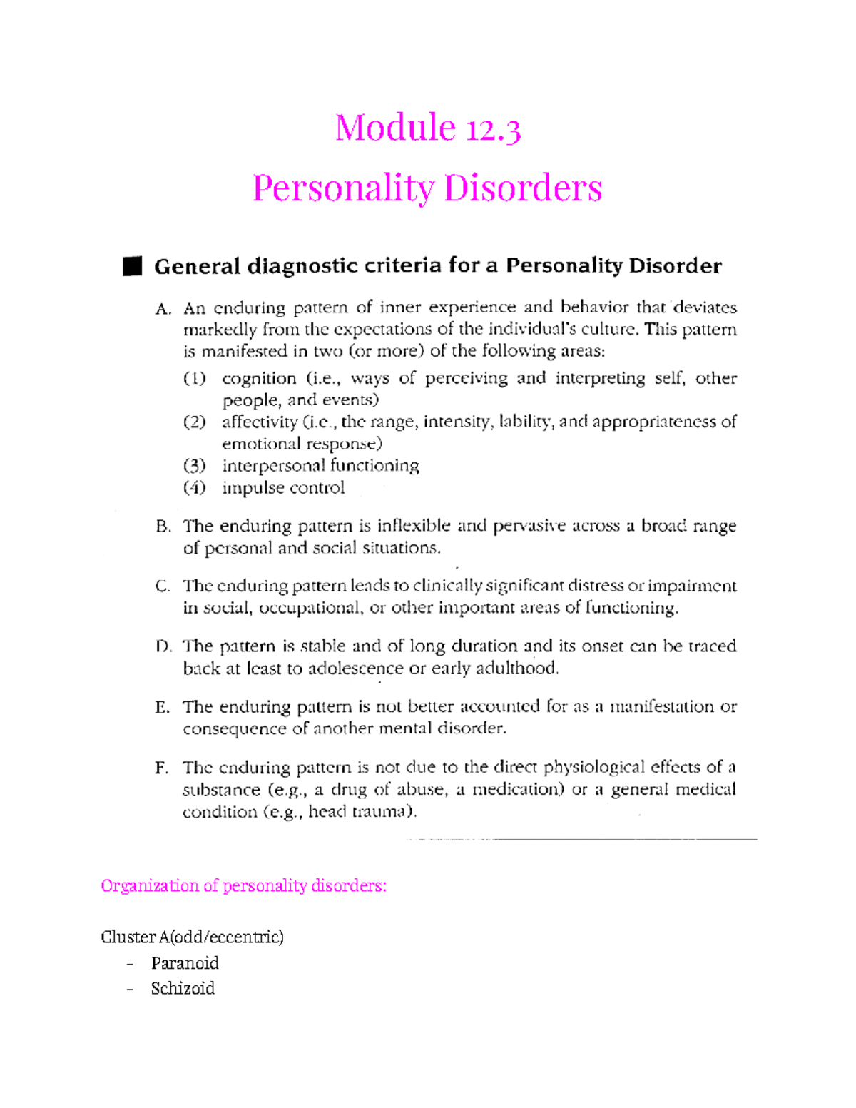 Psych 221 12.3- personality disorders - Module 12. Personality ...