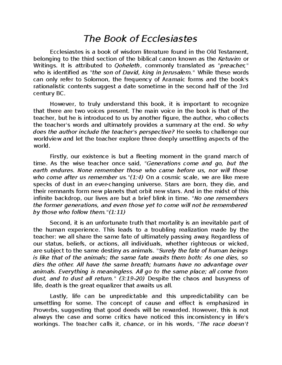 Book of Ecclesiastes - Reflection - The Book of Ecclesiastes ...