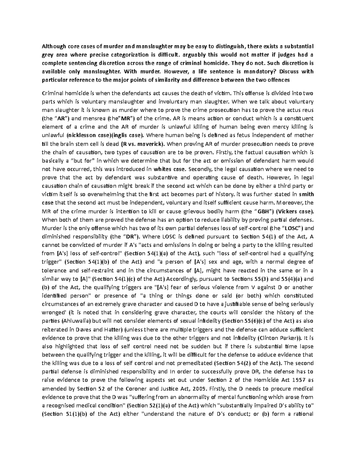 Murder essay writing A - Although core cases of murder and manslaughter ...