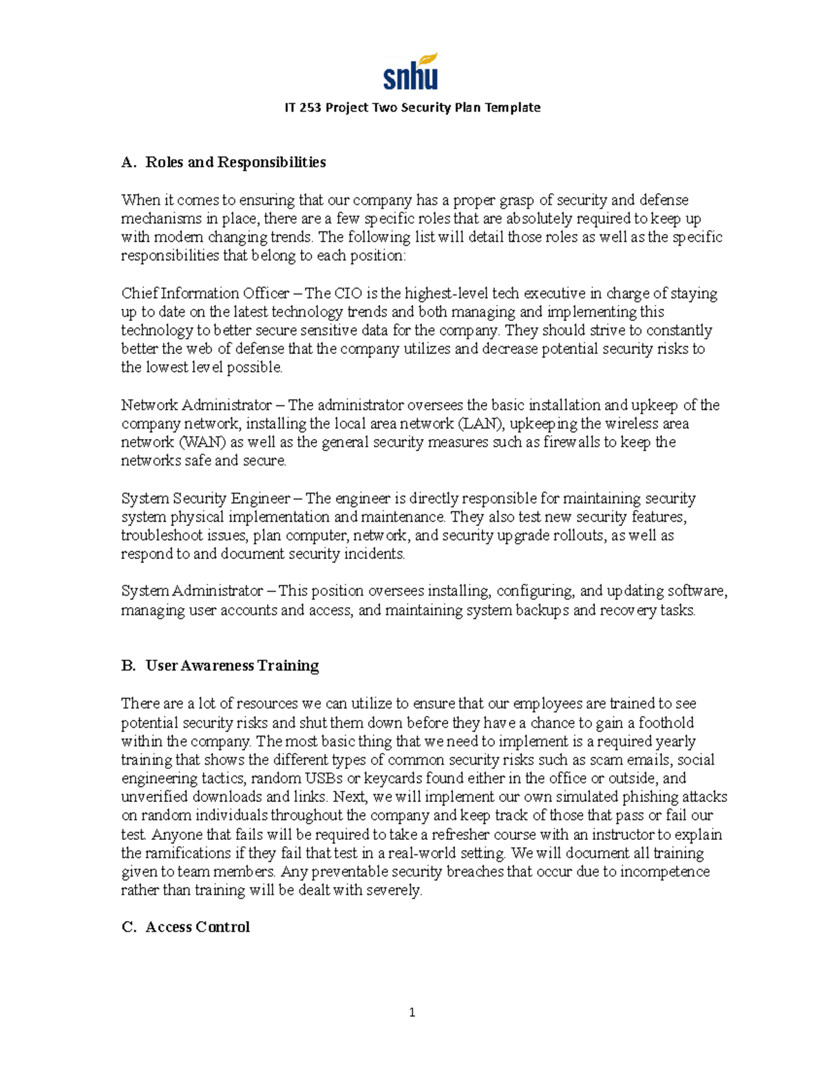 IT 253 Project Two Security Plan - Roles and Responsibilities When it ...