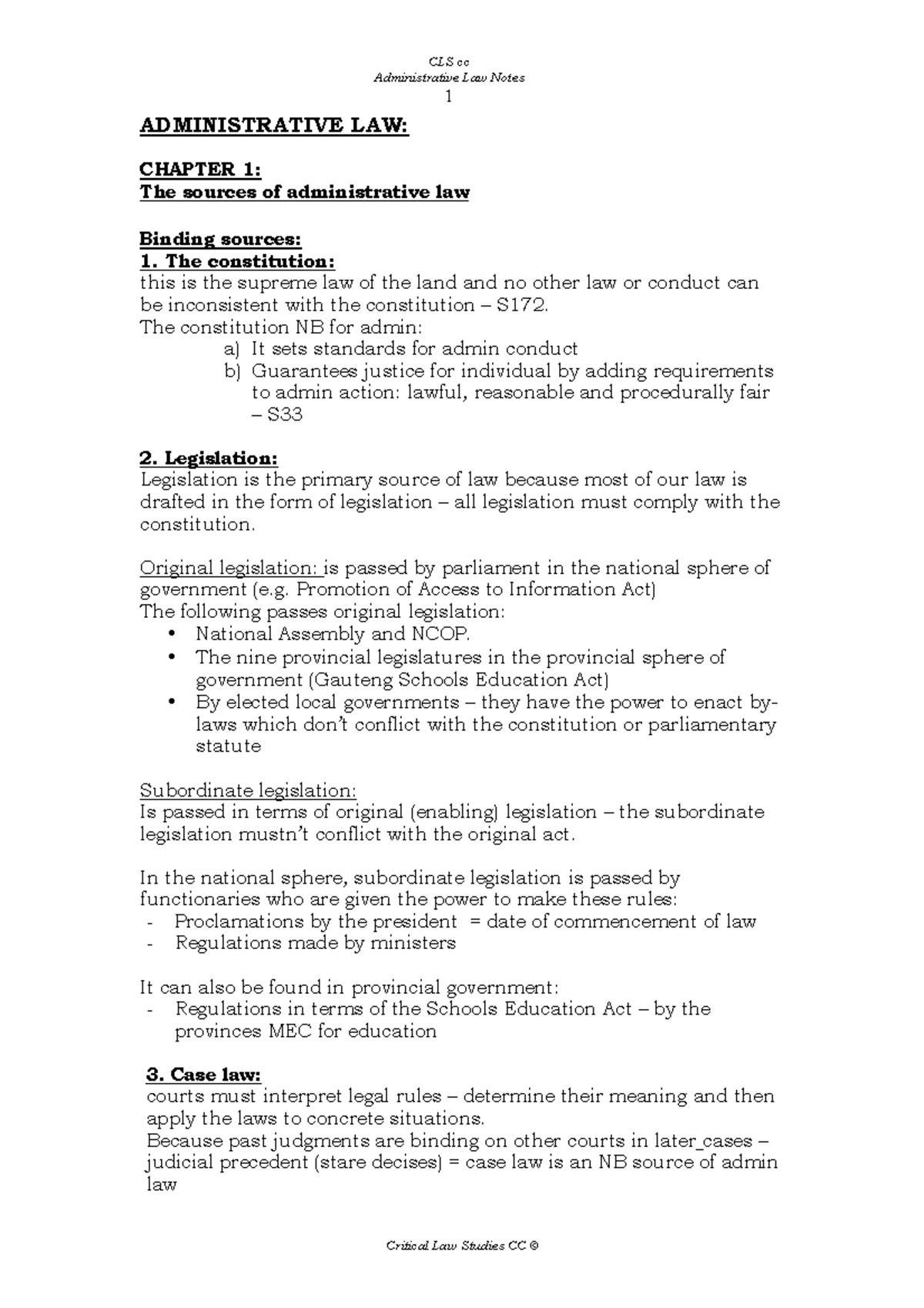 ADL Summary Notes - Administrative Law Notes 1 ADMINISTRATIVE LAW ...