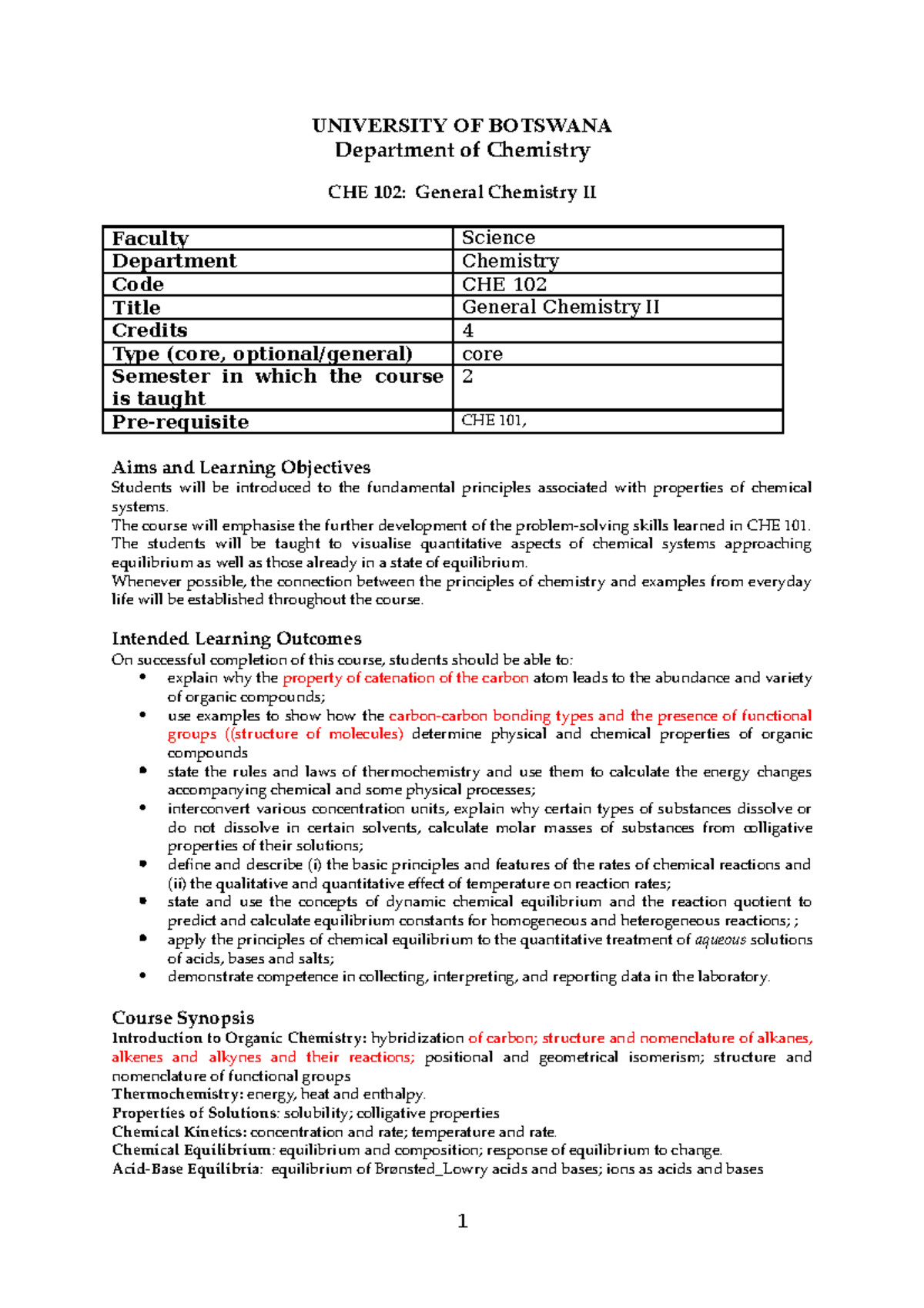CHE 102 Course Outline 2018-19 (25 01 19) - UNIVERSITY OF BOTSWANA ...