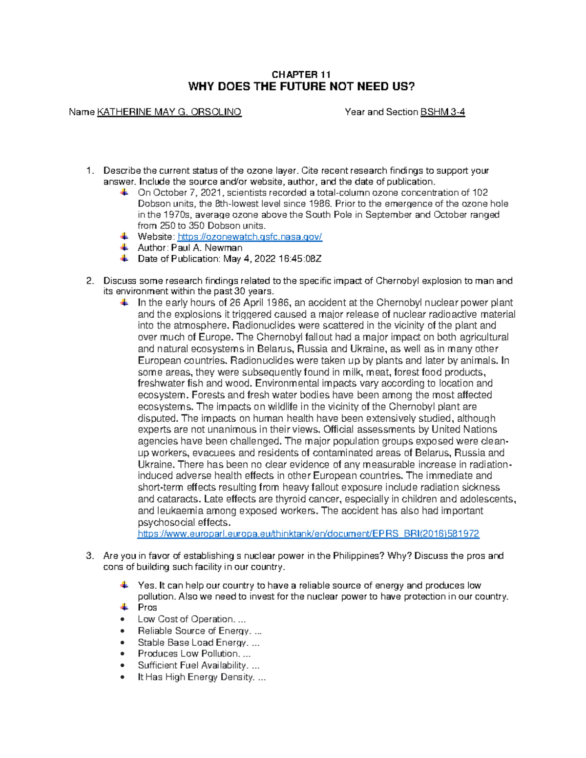 LECTURE 10 GNED - CHAPTER 11 WHY DOES THE FUTURE NOT NEED US? Name KATHERINE MAY G. ORSOLINO ...