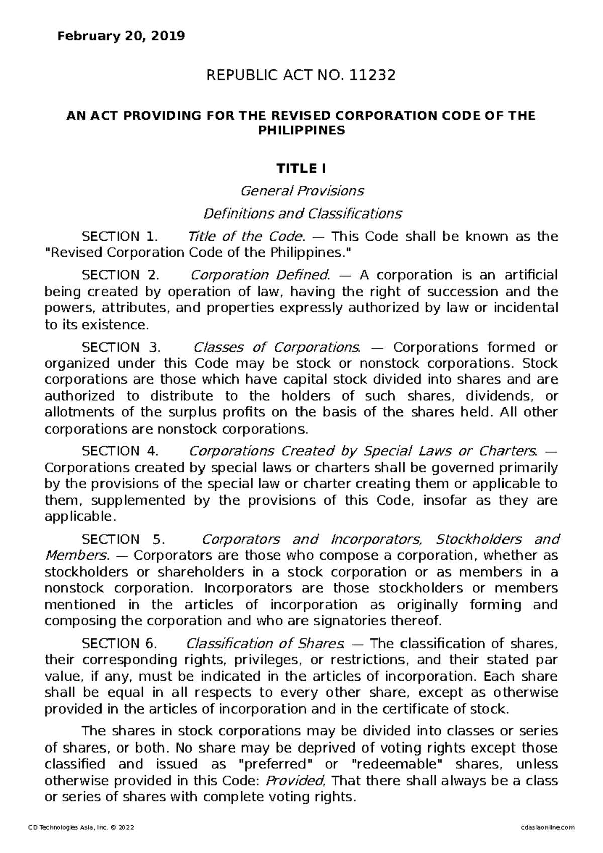 Revised Corporation Code of the Philippines - February 20, 2019 ...