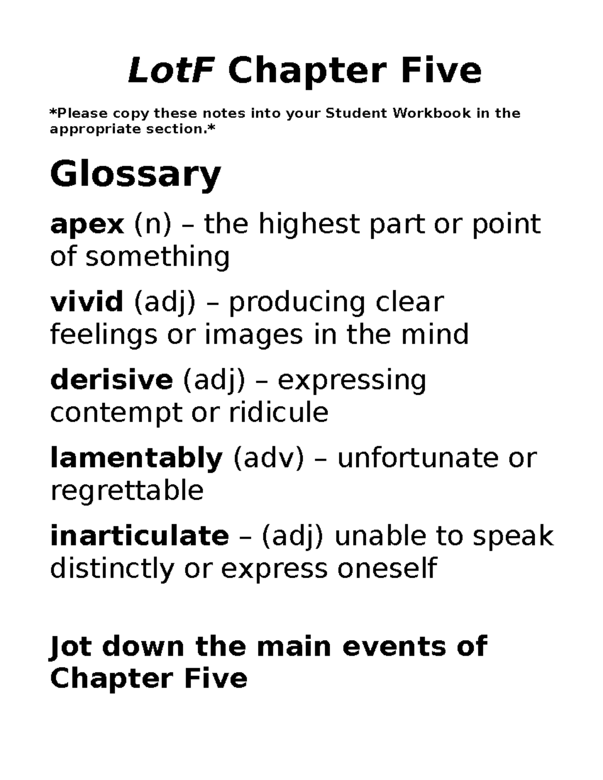 Ch. 5 Student Workbook mlk thingy - LotF Chapter Five *Please copy ...