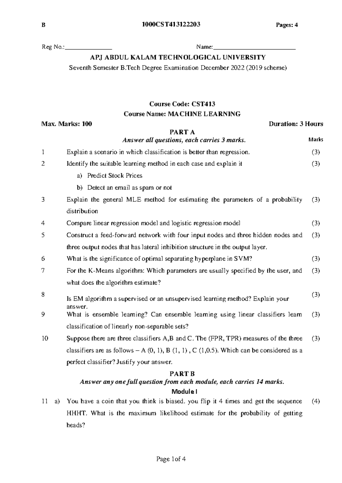 CST413-QP-Machine Learning - 1000CST41312220 3 Course Code: CST Course Name: MACHINE LEARNING ...