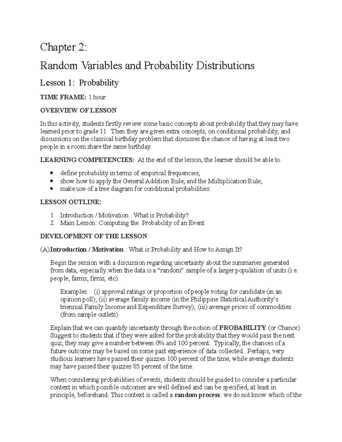 Lesson 2-01 Probability - Chapter 2: Random Variables and Probability ...