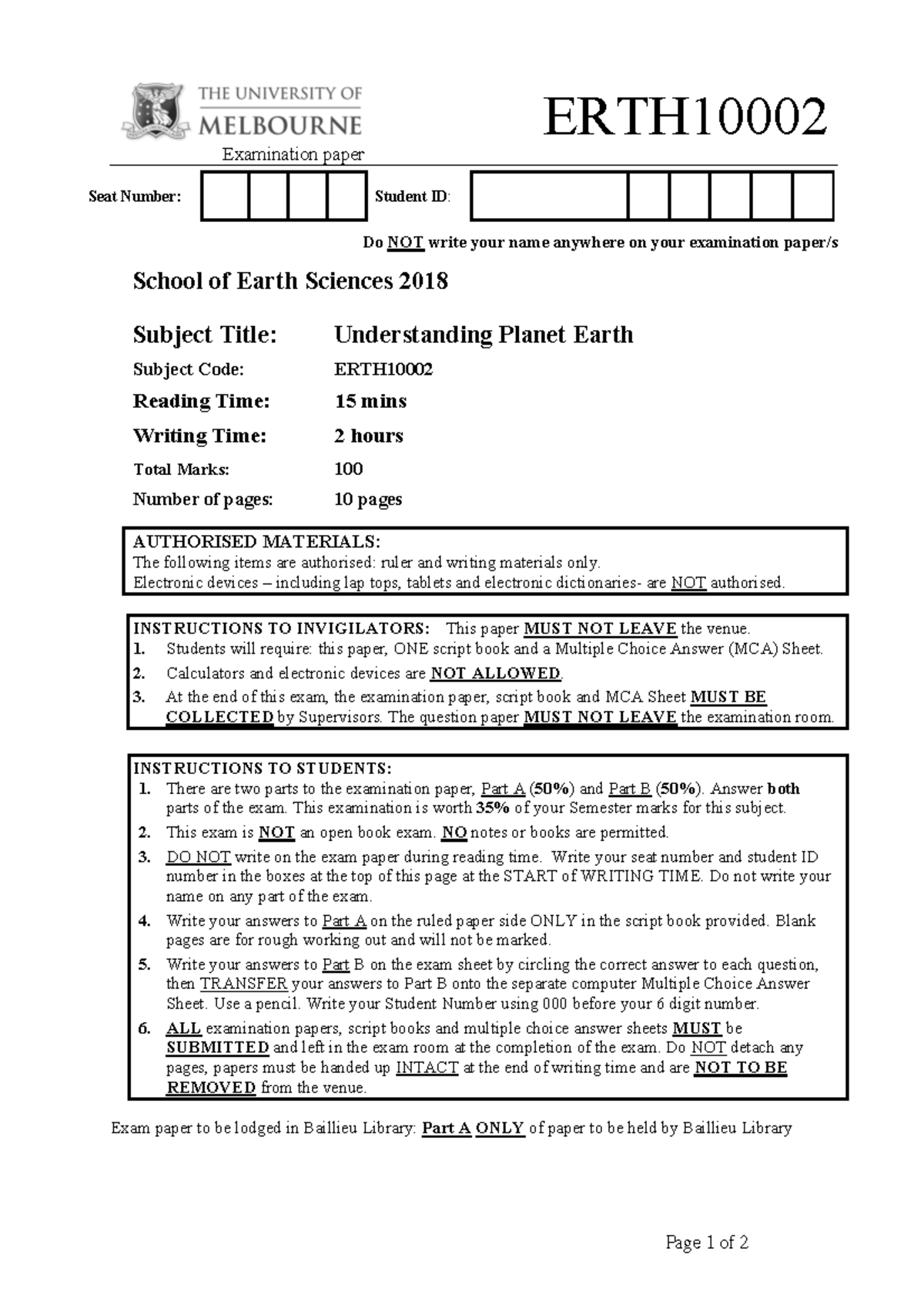 2018 ERTH 10002 Pt A Library - Page 1 of 2 Examination paper ERTH Do ...