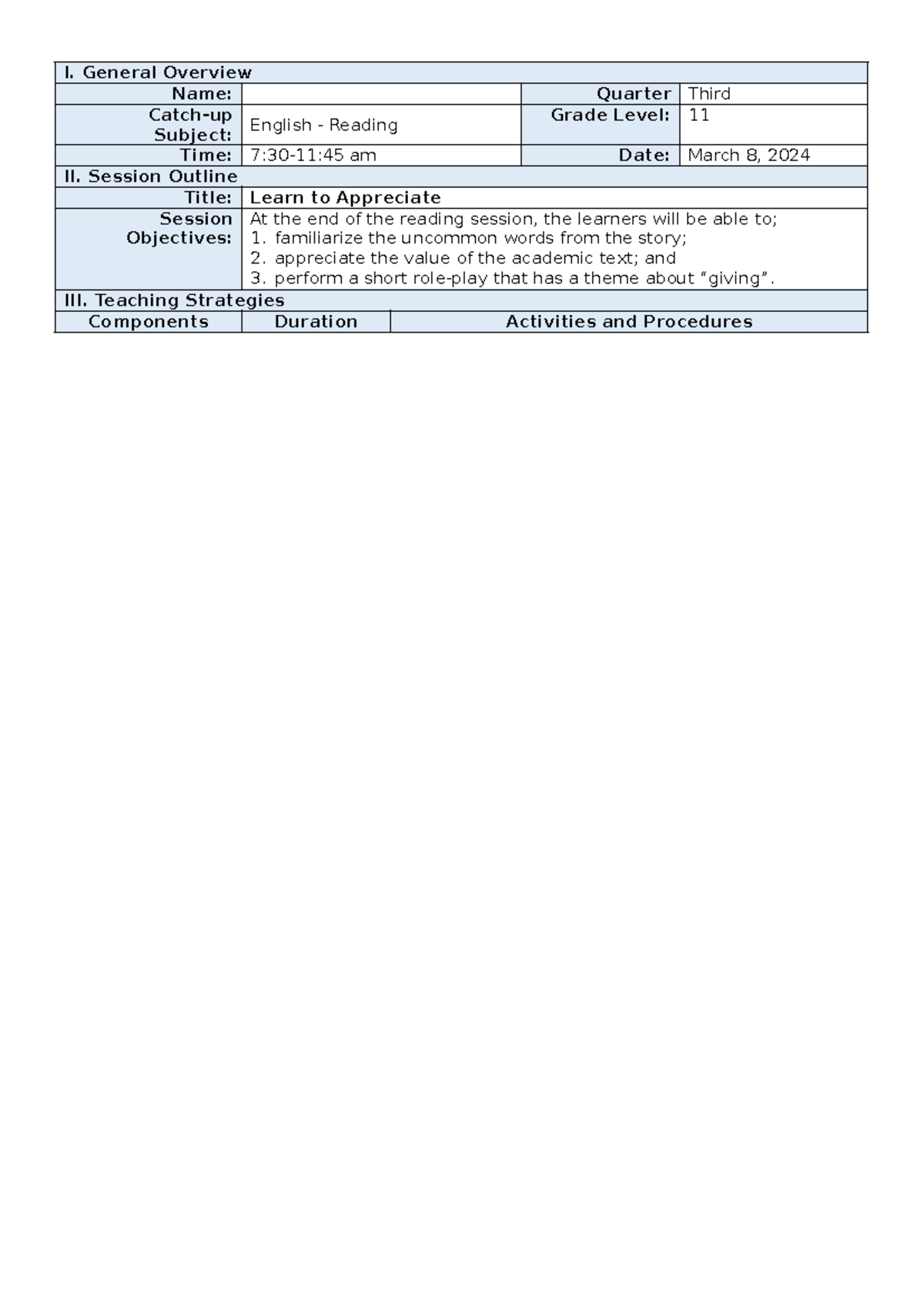 Catch-up-Friday - I. General Overview Name: Quarter Third Catch-up ...