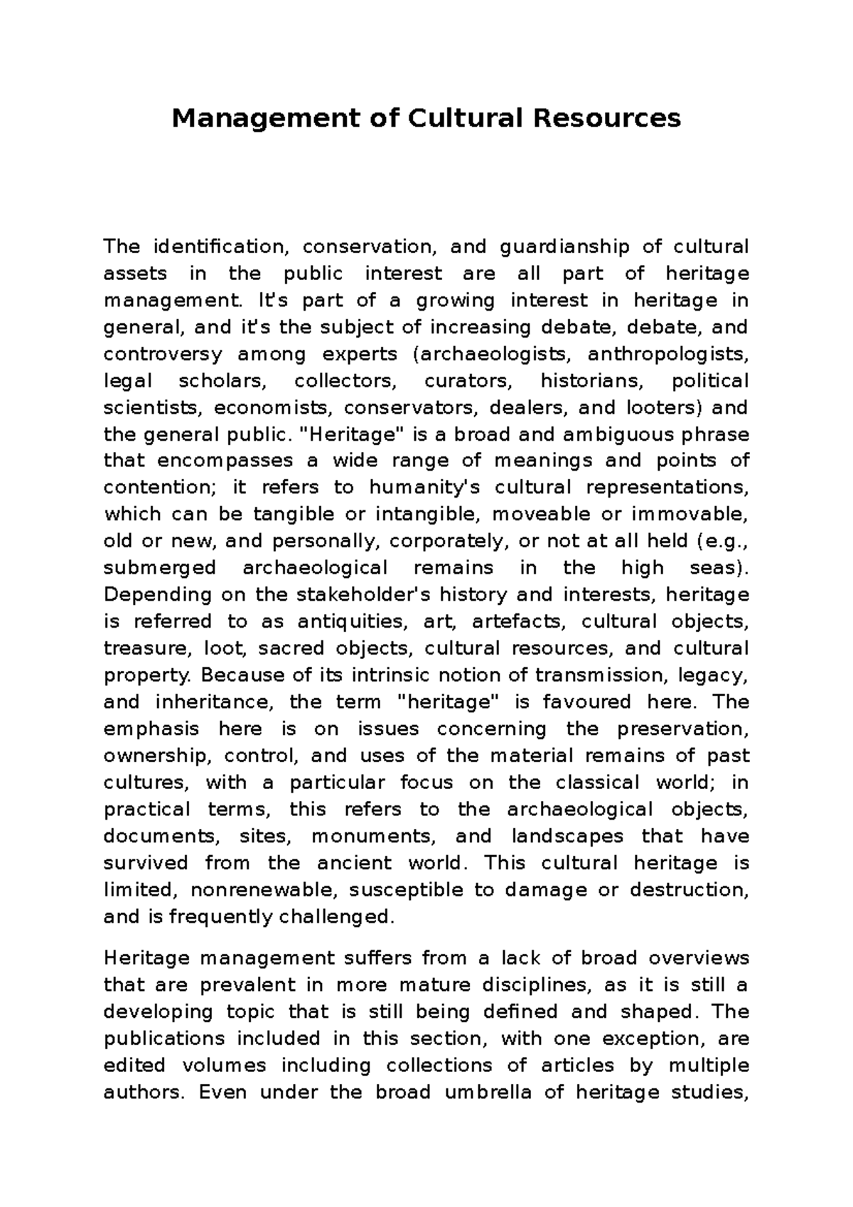 Management of Cultural Resources - It's part of a growing interest in ...