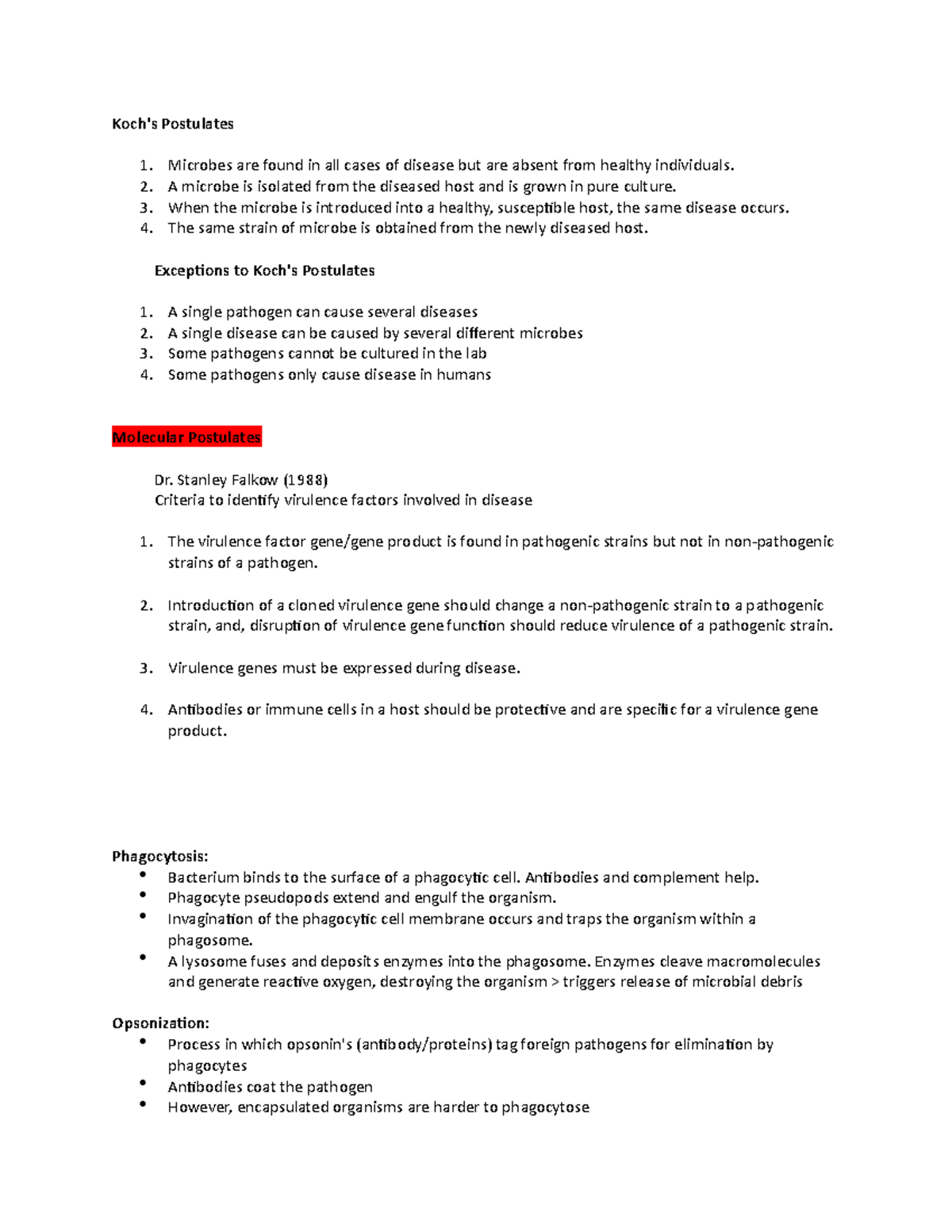 Virulence notes - Koch's Postulates, Molecular Postulates, Opsonization ...