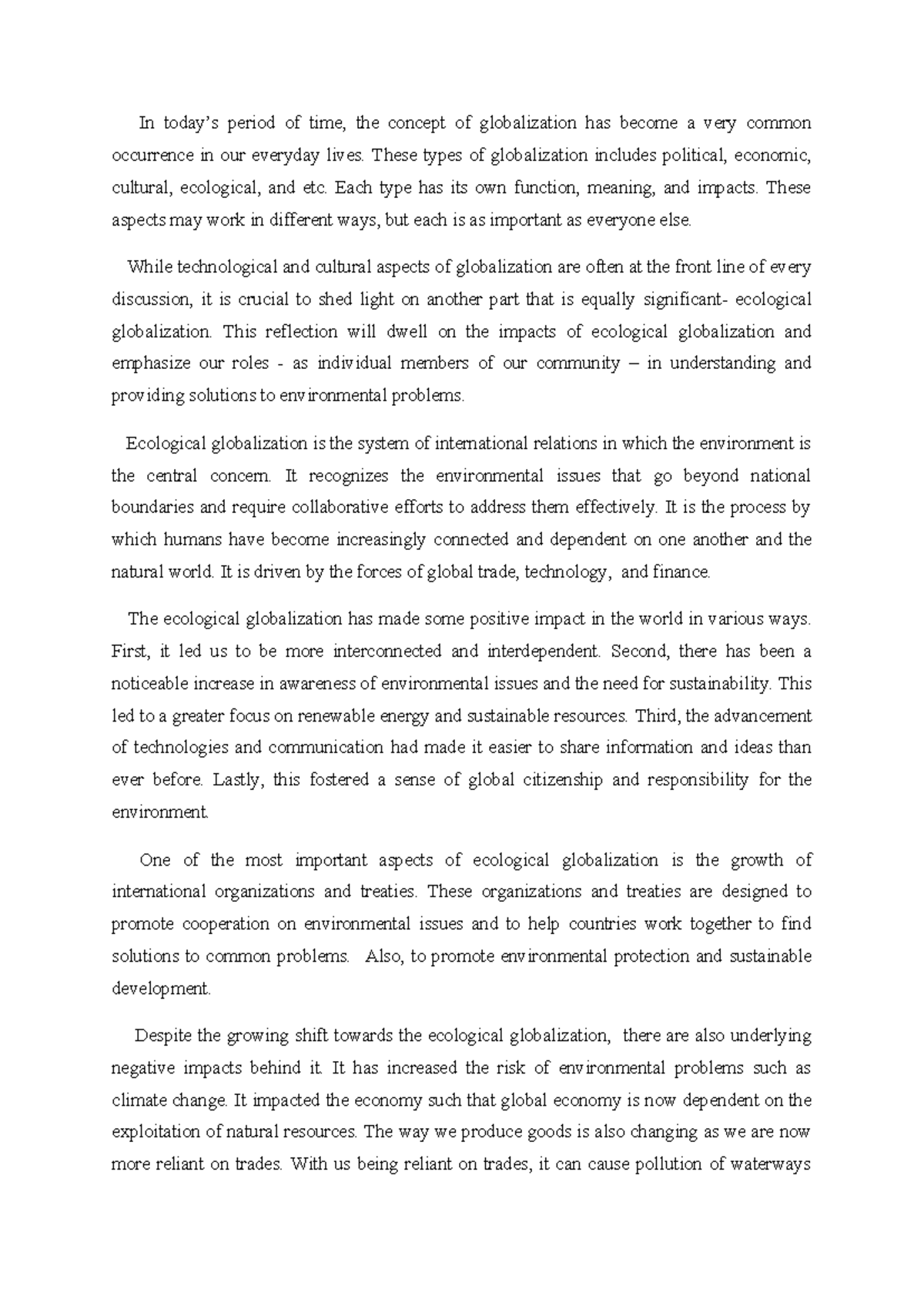 Ecological globalization - In today’s period of time, the concept of ...