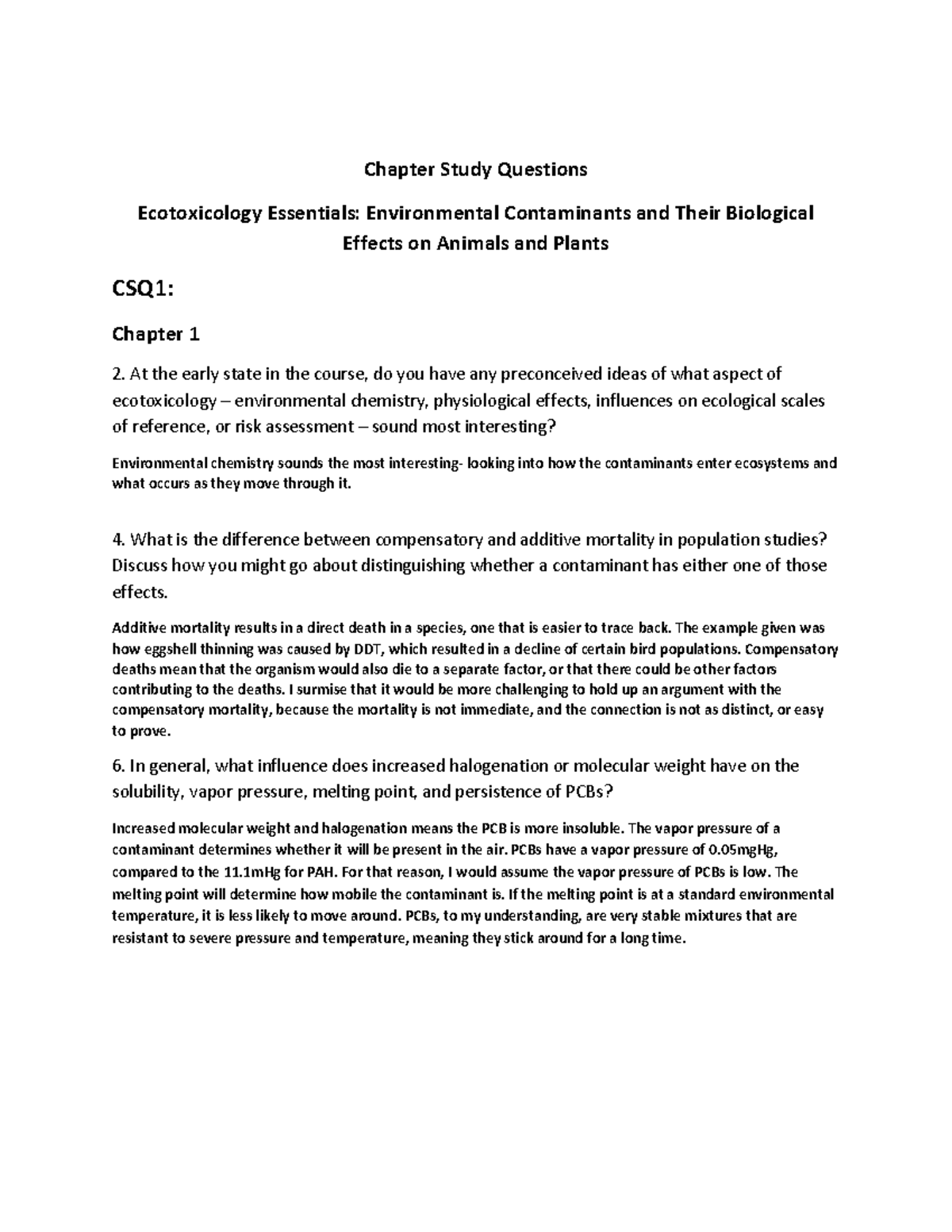 CSQs - csq notes - Chapter Study Questions Ecotoxicology Essentials ...