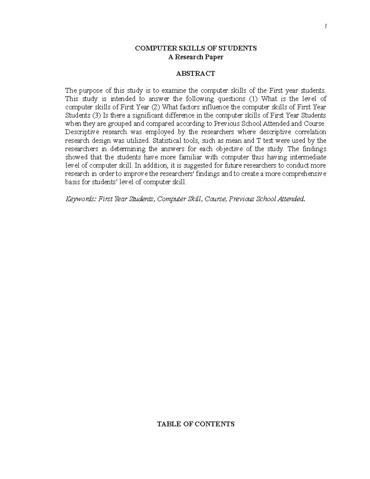 A Study on the Computer Skills of Students - i COMPUTER SKILLS OF ...