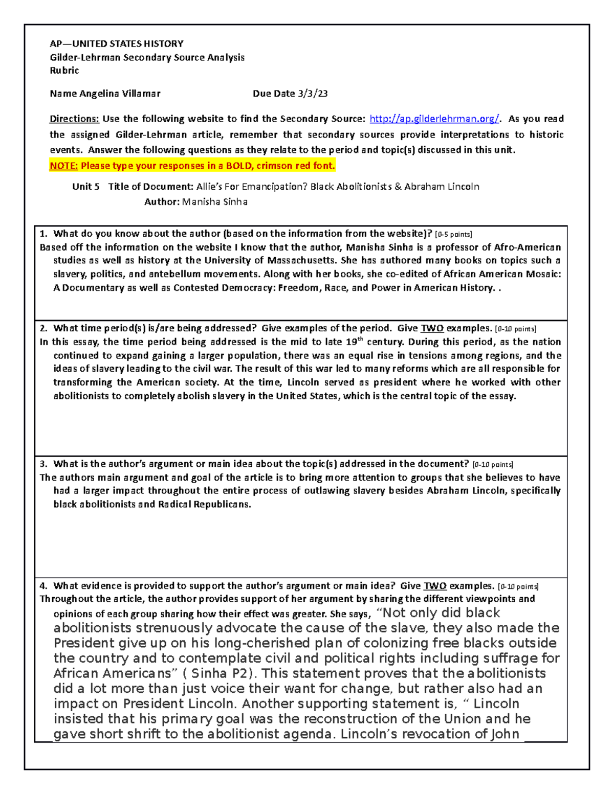 Apush - Secondary Source Analysis Worksheet 4 - AP—UNITED STATES ...