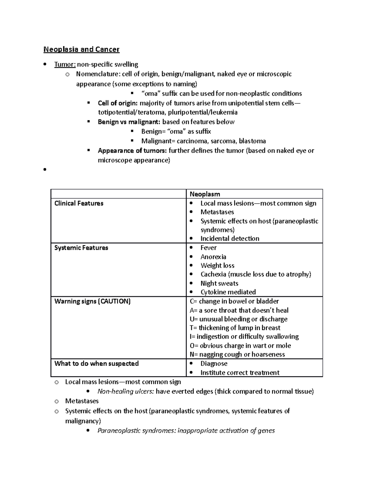 Neoplasia and Cancer - Lecture notes 1 - Neoplasia and Cancer Tumor ...