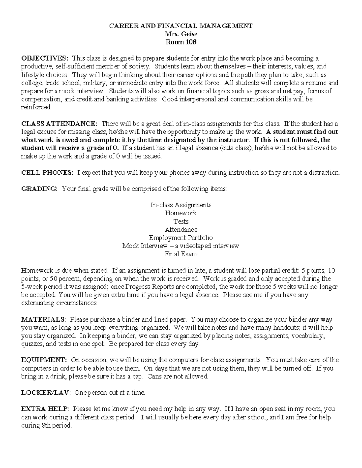 CFM Class Objectives - fffffffff - CAREER AND FINANCIAL MANAGEMENT Mrs ...