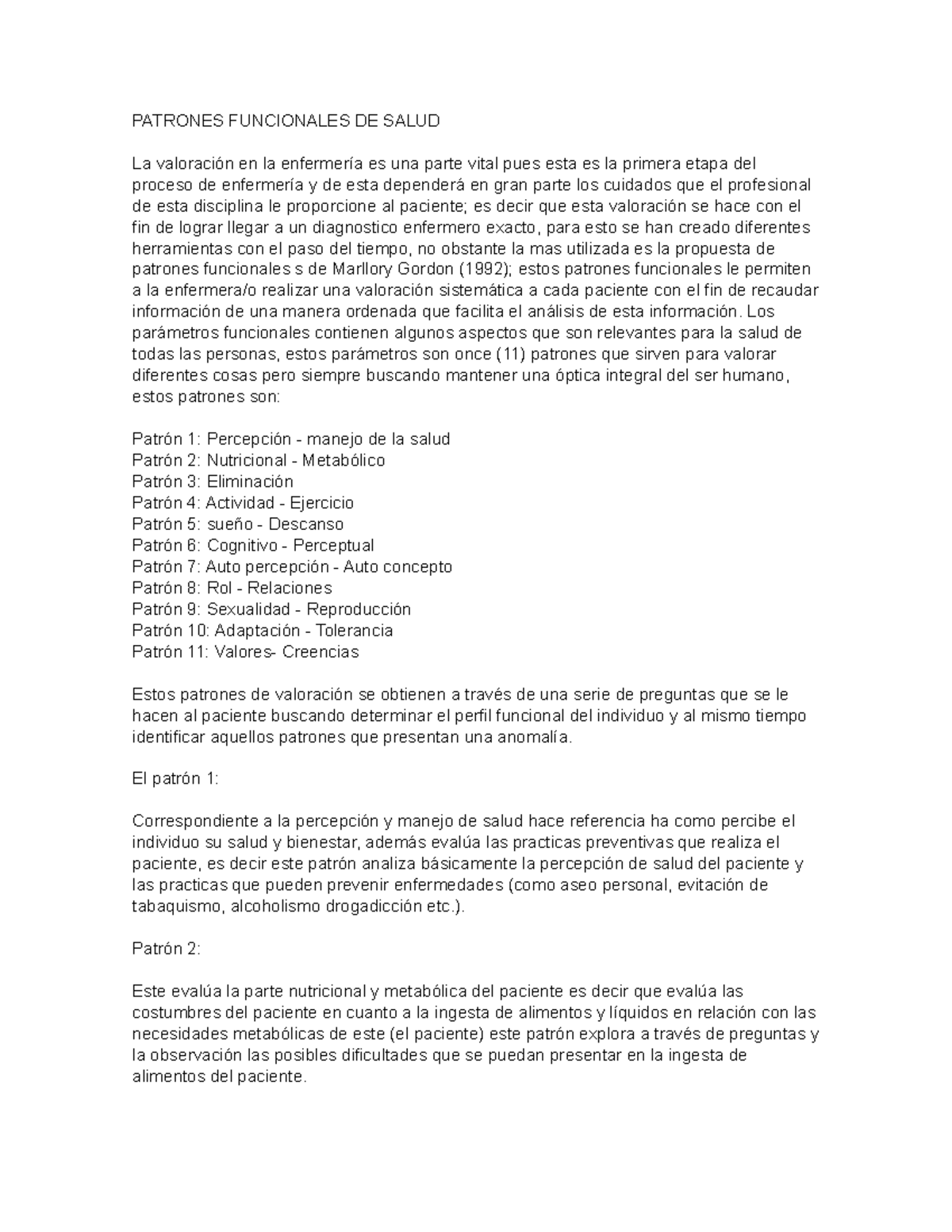 Patrones Funcionales DE Salud - PATRONES FUNCIONALES DE SALUD La ...