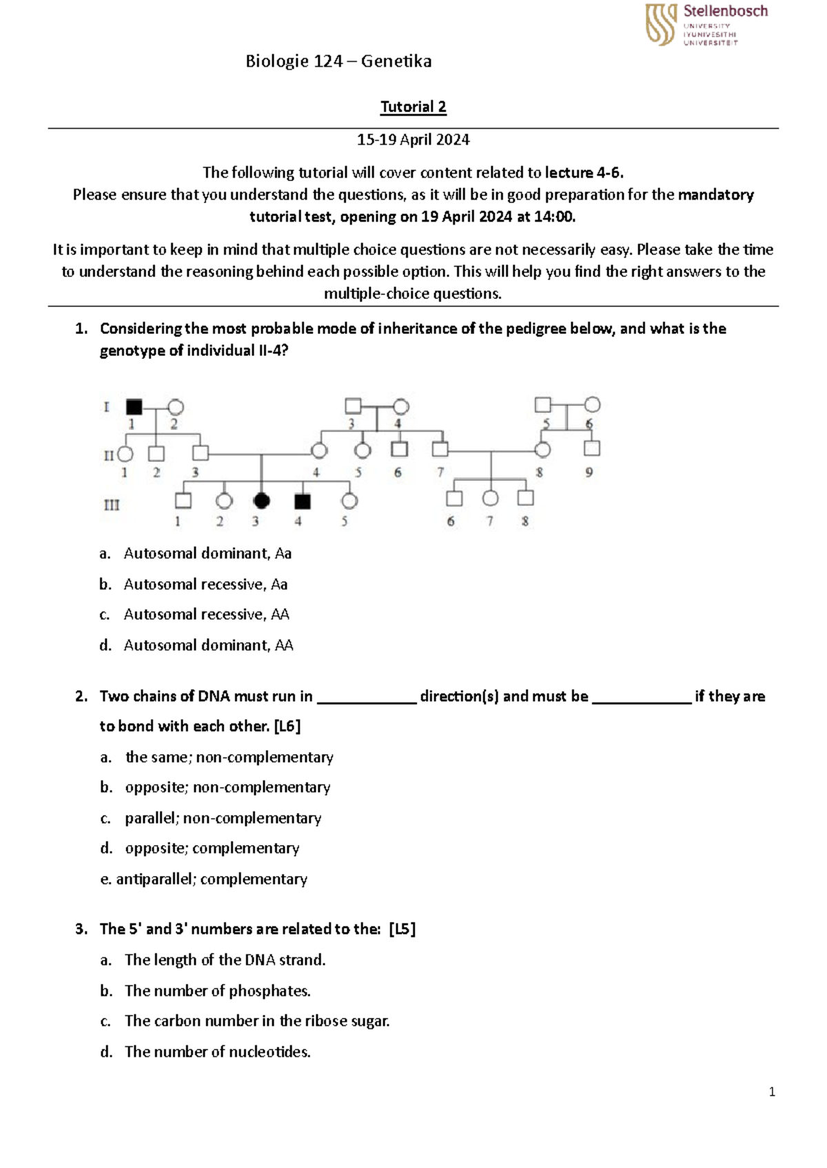 Tutorial 2 2024 - genetics notes - Tutorial 2 15-19 April 2024 The ...